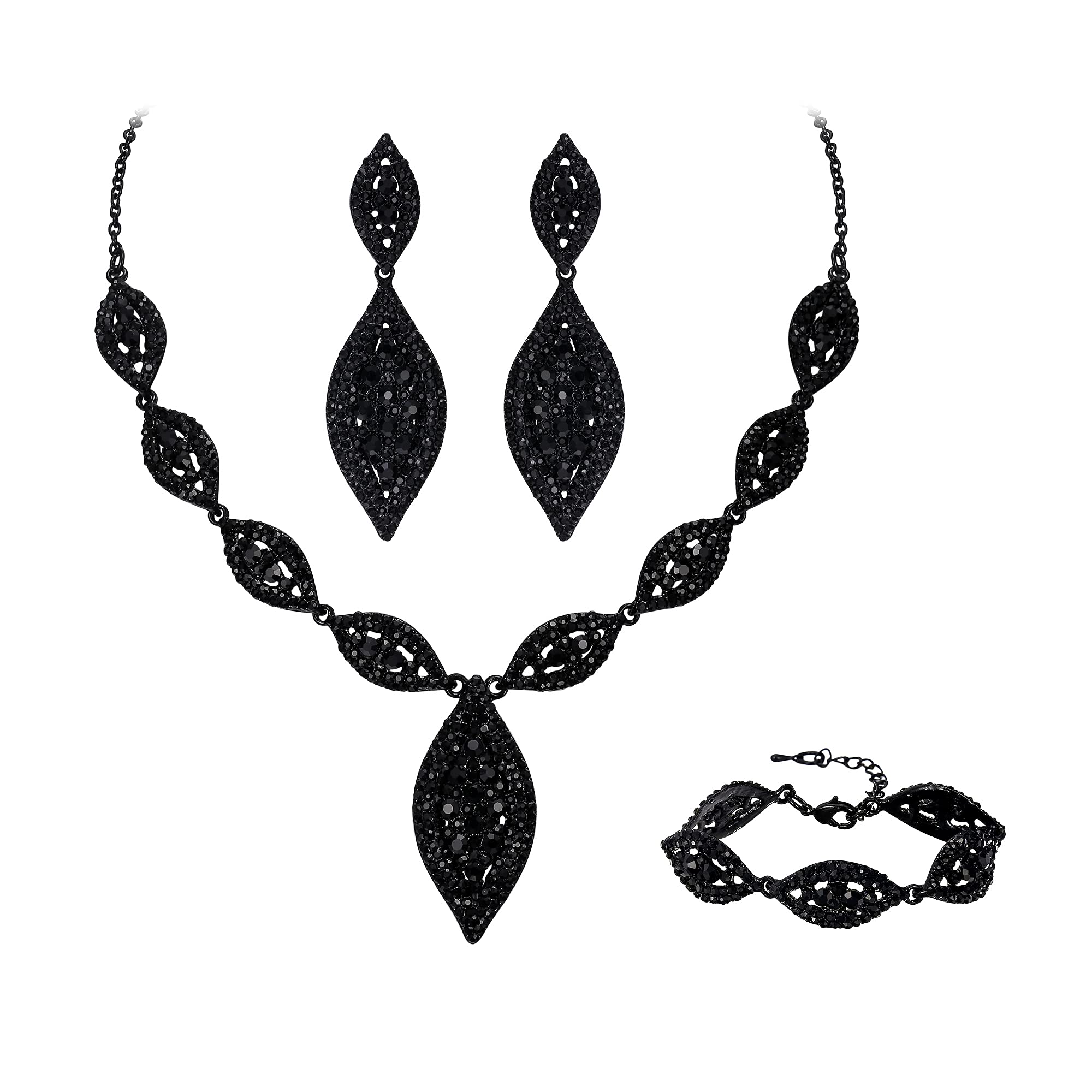 Flyonce Wedding Jewelry Set Rhinestone Crystal Bridal Leaf Necklace Drop Dangle Chandelier Earrings Sets Black Black-Tone