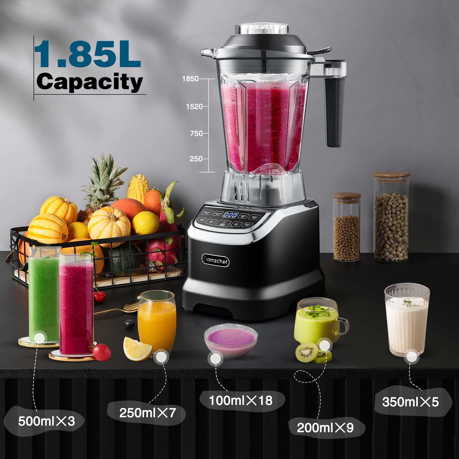 Amzchef 5-IN-1 Professional Blender for Kitchen, 1800 Peak Watts, 5 Functions for Shakes and Smoothies, Puree, Crush Ice & Hearty Soups with 8 Speeds & Pulse, 63 oz. Pitcher, Grey