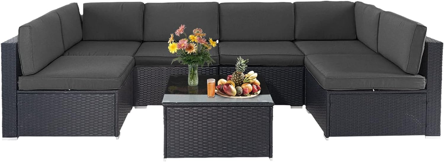 Betterland 7 Piece Outdoor Sectional Sofa Patio Furniture Set, All-Weather PE Rattan Wicker Patio Conversation Set with Washable Cushion and Glass Table(Grey)