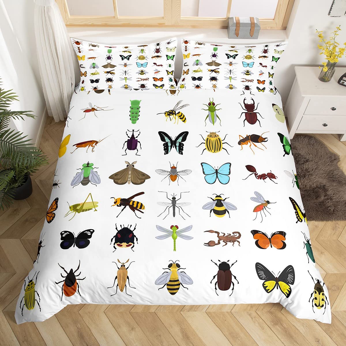 Erosebridal Watercolor Beetles Bedding Set Colorful Reptile Comforter Cover for Kids Teens Boys Girls,Colored Bugs Pattern Duvet Cover Multicolor Wild Animal Chic Nature Art Bedroom Decor Queen Size