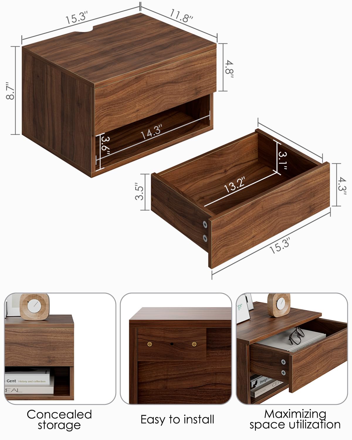 Aobafuir Floating Nightstand, Small Modern Floating Nightstand with Drawer, Floating Shelves for Bedroom, Bathroom (Brown Walnut)