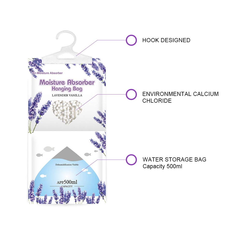 CANAGER Hanging Moisture Absorber, Lavender Vanilla Moistureproof Hanging Bag,Dehumidifier Bag (8 packs) Hanging Closet Dehumidifier Bags, Moisture Absorb 12.5 oz