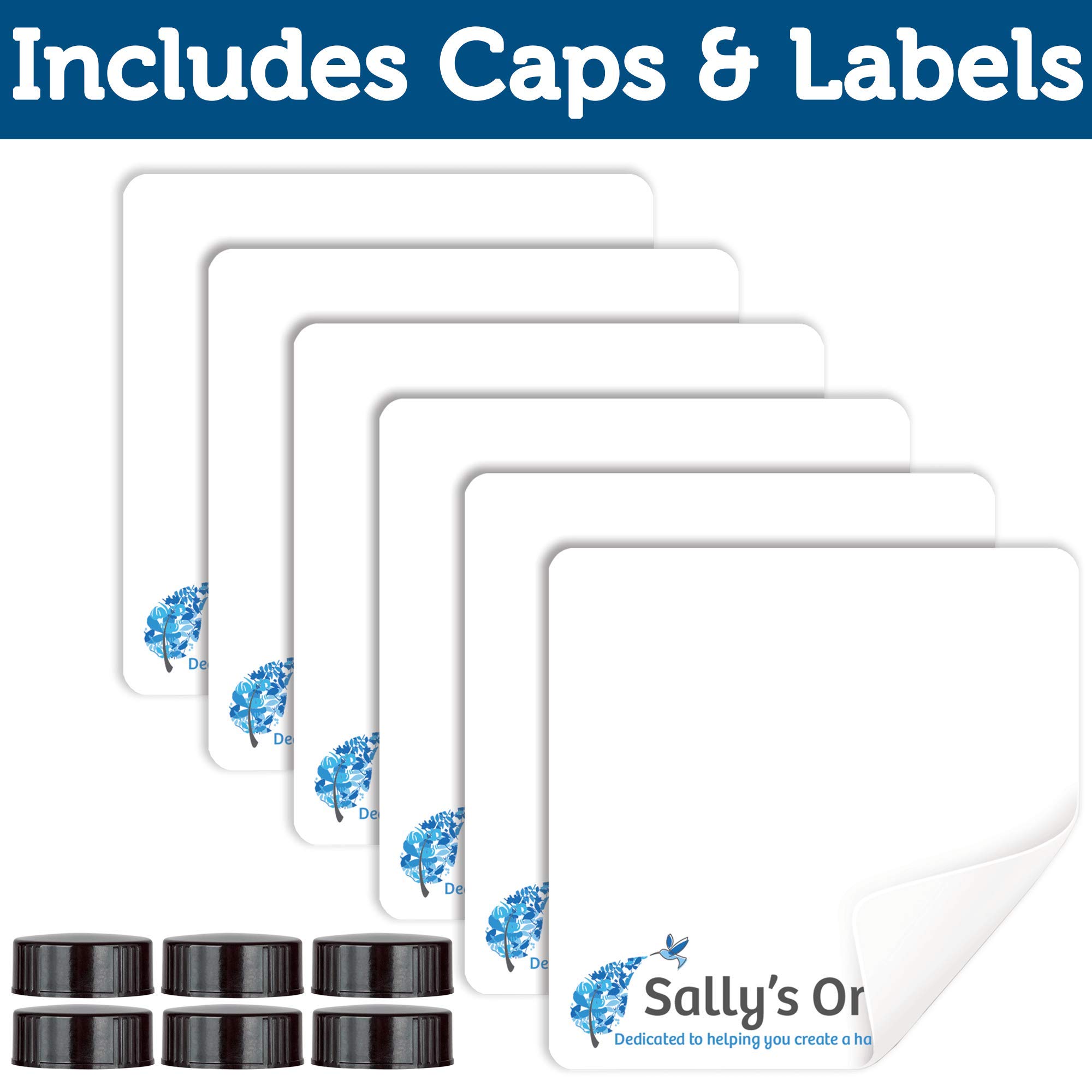 Sally's Organics Blue Glass Spray Bottle - Large 16 oz Refillable Container for Essential Oils, Cleaning Products, or Aromatherapy - Black Trigger Sprayer w/Mist and Stream Settings - 6 Pack
