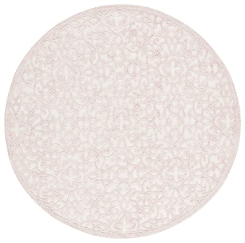 SAFAVIEH Trace Collection Area Rug - 6' Round, Ivory & Pink, Handmade Scroll Wool, Ideal for High Traffic Areas in Living Room, Bedroom (TRC103U)