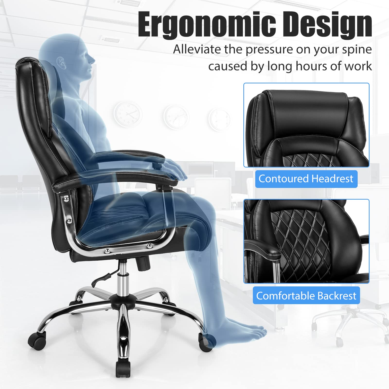 Giantex 500LBS Big and Tall Office Chair, Wide Seat Large Leather Executive Chair w/Heavy Duty Metal Base, Height Adjustable Swivel Computer Task Desk Chair, Padded Armrest, Rocking Backrest (Black)