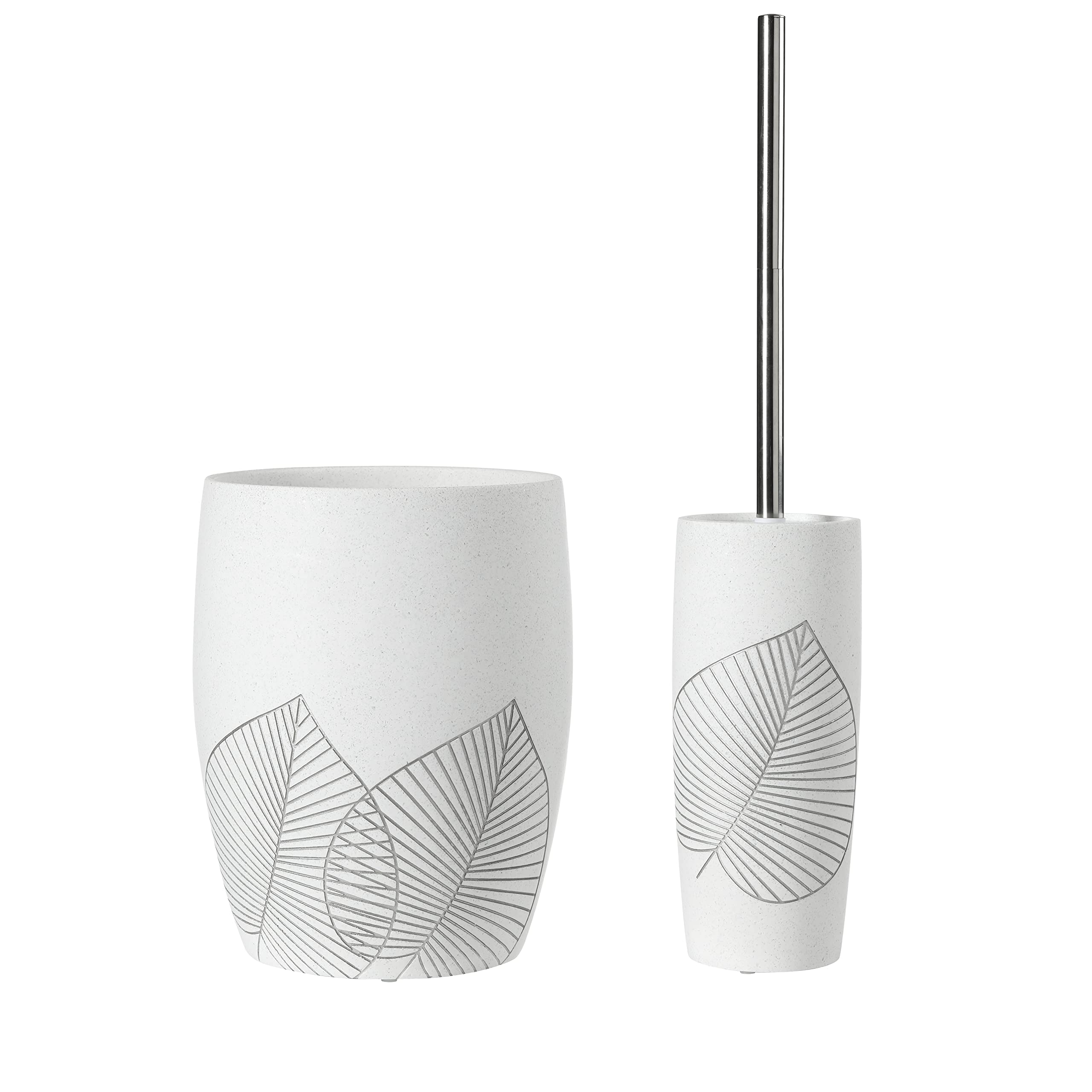 Set of 2 Elegant Leaf Design Hight Quality Polyresin Wastebasket Garbage Receptacle Bin and Brush/Holder for Bathrooms, Powder Rooms, Kitchens, Home Offices White
