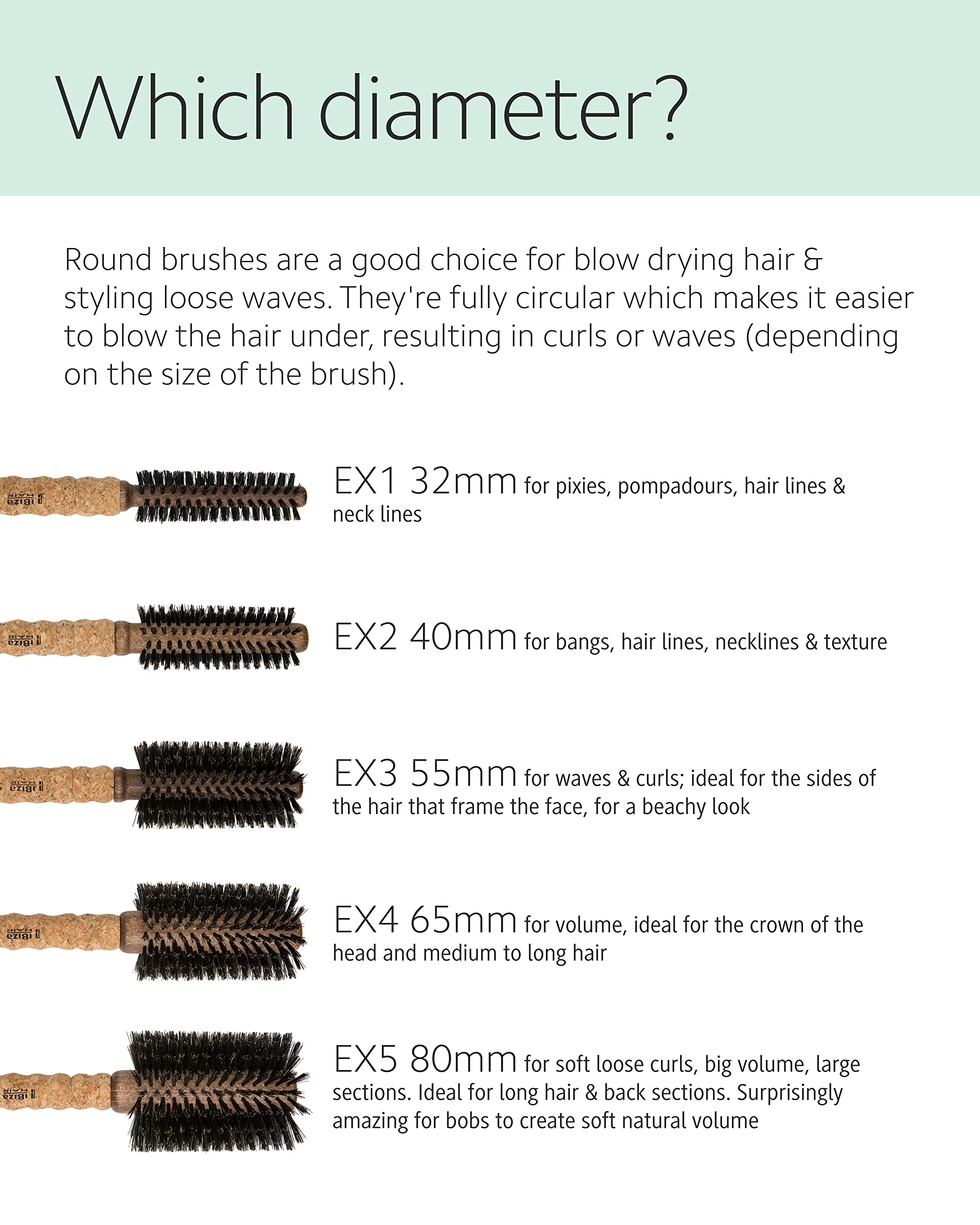 Ibiza Hair Round Boar Bristle Brush (EX5-80mm) | Lightweight with Reinforced Bristles & Cork Handle | Ideal for Loose Curls & Big Volume | Adds Texture & Shine for Medium to Long Styles