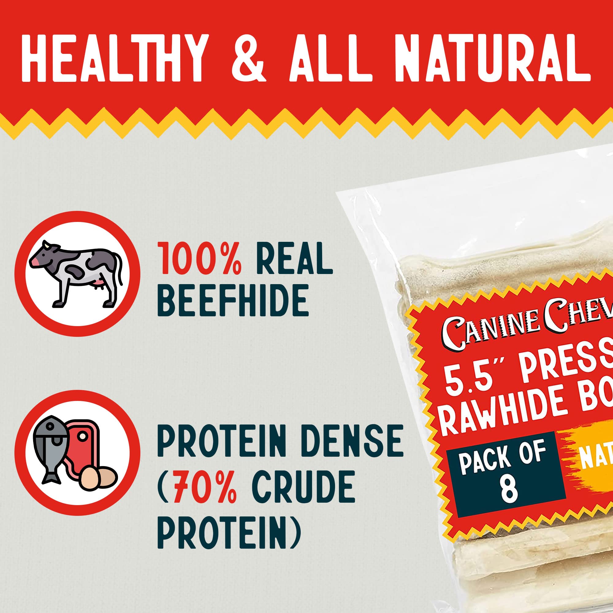 Canine Chews Pressed Rawhide Bones for Large Dogs - 5.5" Long Lasting Dog Chews - Compressed Beefhide Large Dog Chew Bones - Chew Toy Dog Bones - Raw Hide Bones Dog for Aggressive Chewers (5.5", 8pk)
