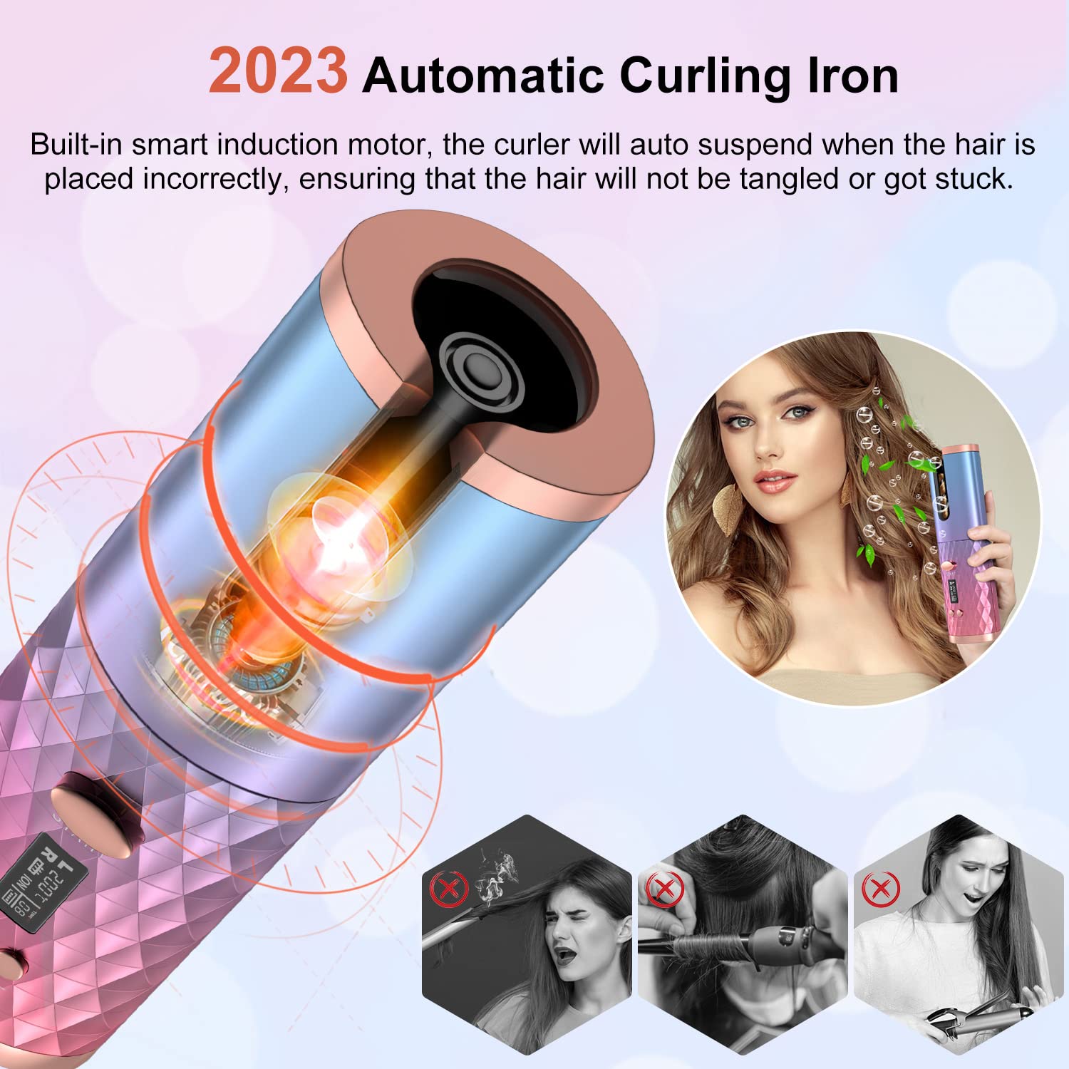 Automatic Curling Iron, Cordless Hair Curler with Adjustable Temperatures & Timers, Portable Auto Rotating Hair Curlers Wave Curling Wand, Rechargeable Ceramic Electric Hair Styling Tool
