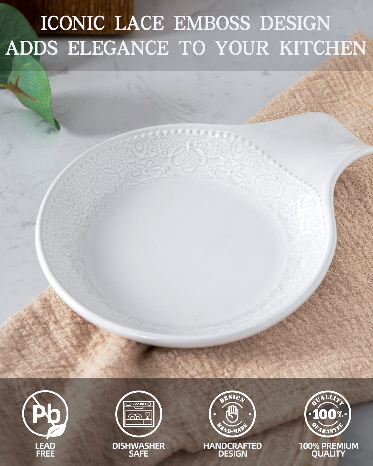 FE FUN ELEMENTS SpoonHolder, Ceramic Spoon Rest for Kitchen Countertop, Large Lace Embossed Kitchen Spoon Rest for Stovetop, Ceramic Spoon Rest for Kitchen Countertop, 5.5inch Utensil Tray (White)