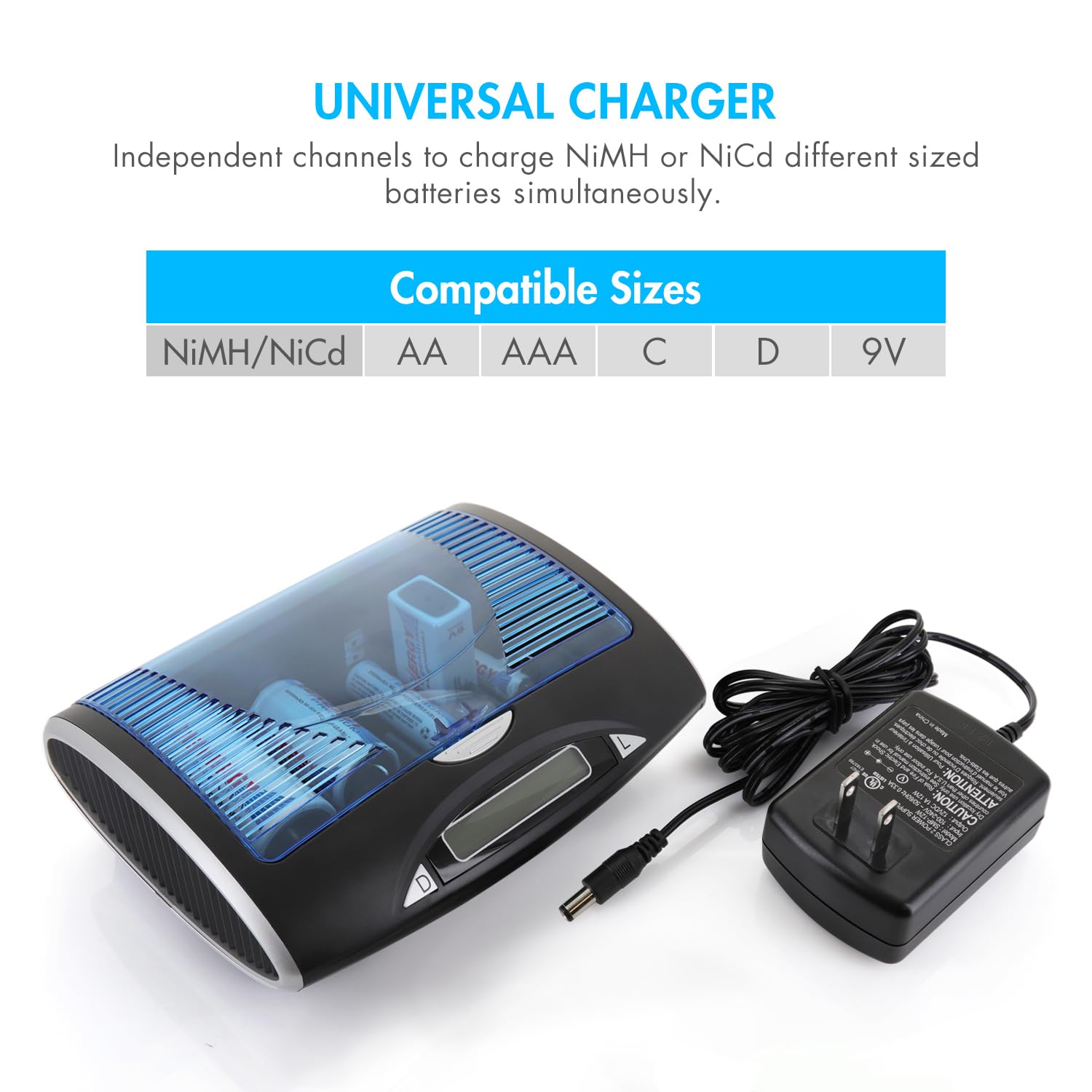 Tenergy T9688 Universal LCD Battery Charger + 8 Pack D Size 10000mAh NiMH Rechargeable Batteries UL Certified