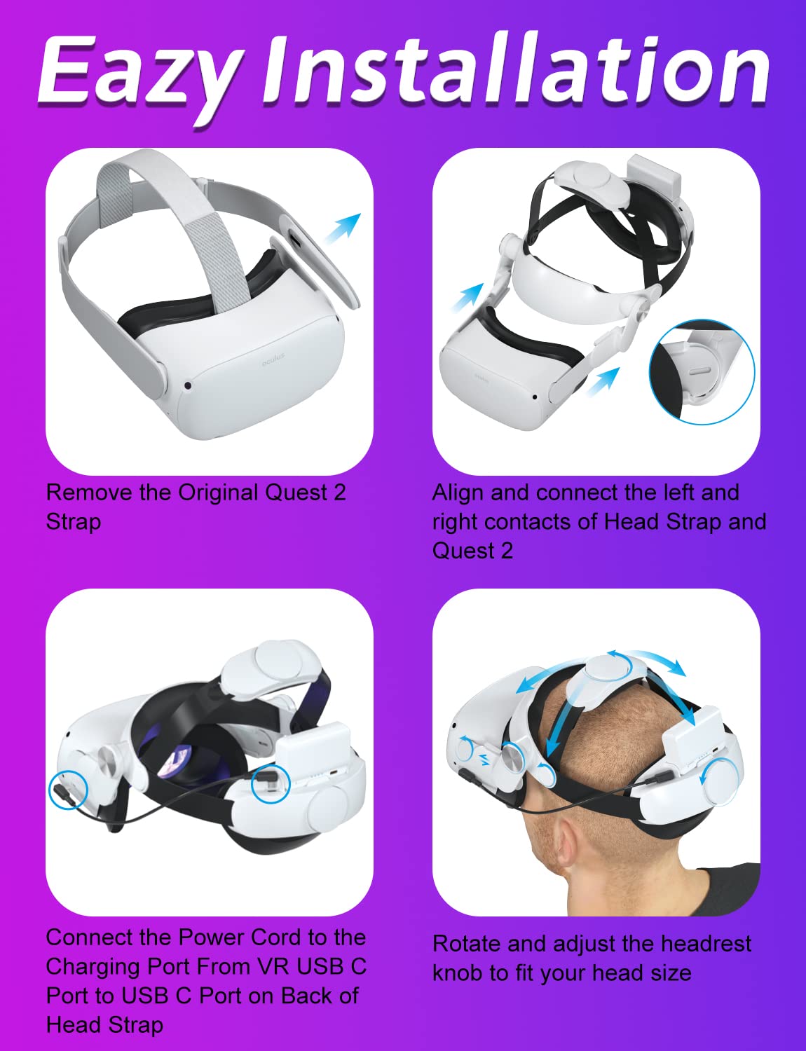 AIOBUVR 7000mAh Battery Pack Head Strap Accessories Compatible with Oculus Quest 2, Replaceable Hot Swap Battery,Double Angle Size Adjustment Design Head Strap for Enhanced Support and Comfort in VR