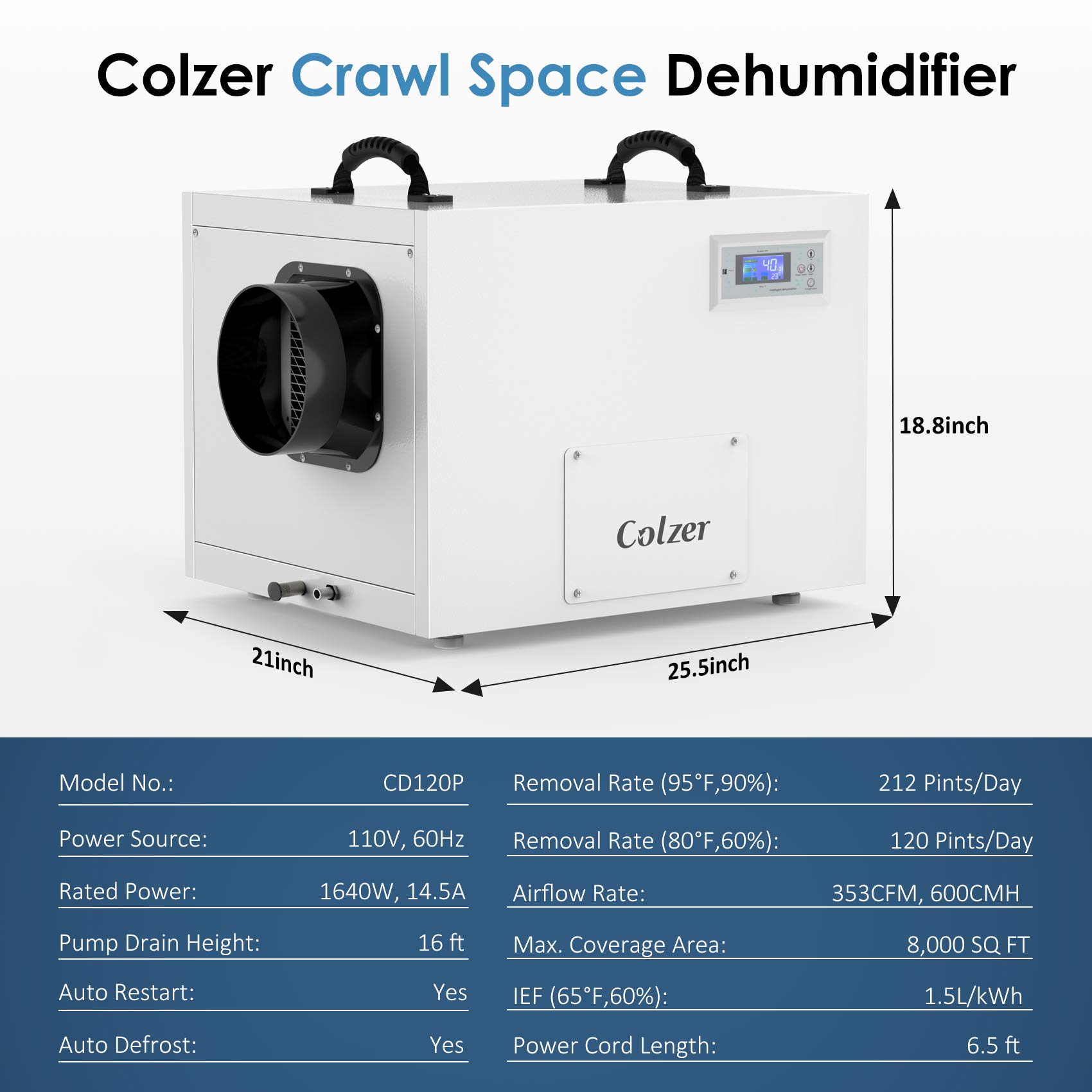 COLZER 212 Pints Crawl Space Commercial Dehumidifier with Pump and Drain Hose, Industry Water Damage Unit for up to 8,000 sq ft Basements, Ideal for Industrial or Whole Home