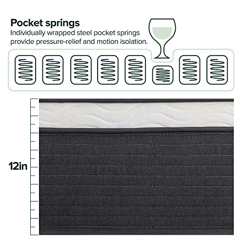 ZINUS 12 Inch Comfort Essential Pocket Spring Hybrid Mattress, King, Pressure Relieving Support, CertiPUR-US Certified, Mattress in A Box