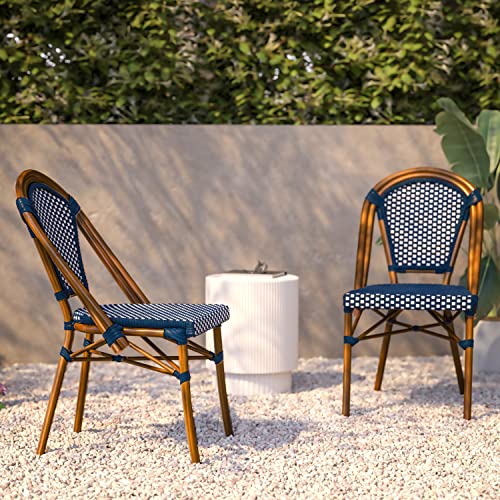 Flash Furniture Bordeaux Set of 2 Indoor/Outdoor Commercial Bistro Stack Chairs - Navy/White PE Rattan Back and Seat - Natural Bamboo Print Aluminum Frame