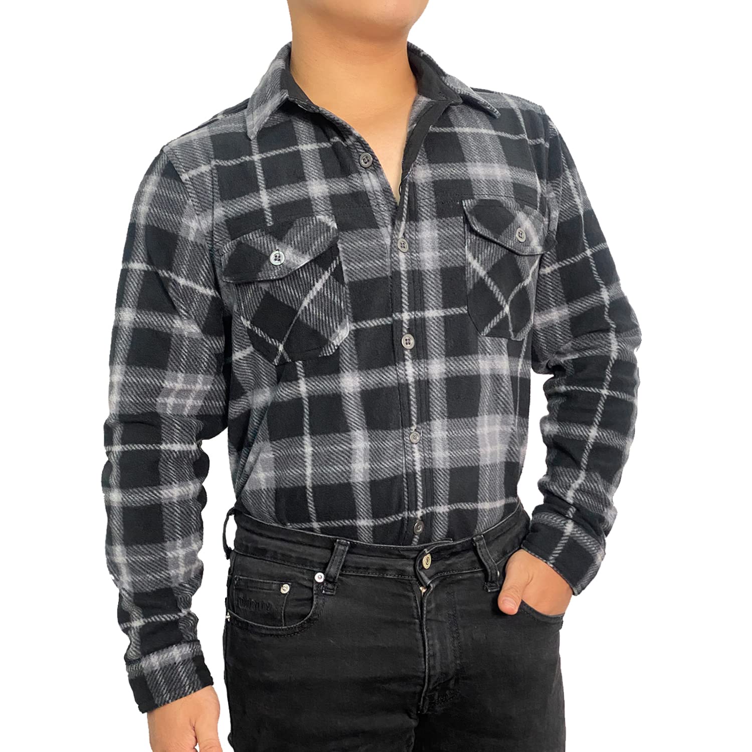 Aligro - Black Long Sleeve Plaid Flannel Casual Shirts, Button Down Regular Fit Cotton Shirt with Two Pockets (Size S)