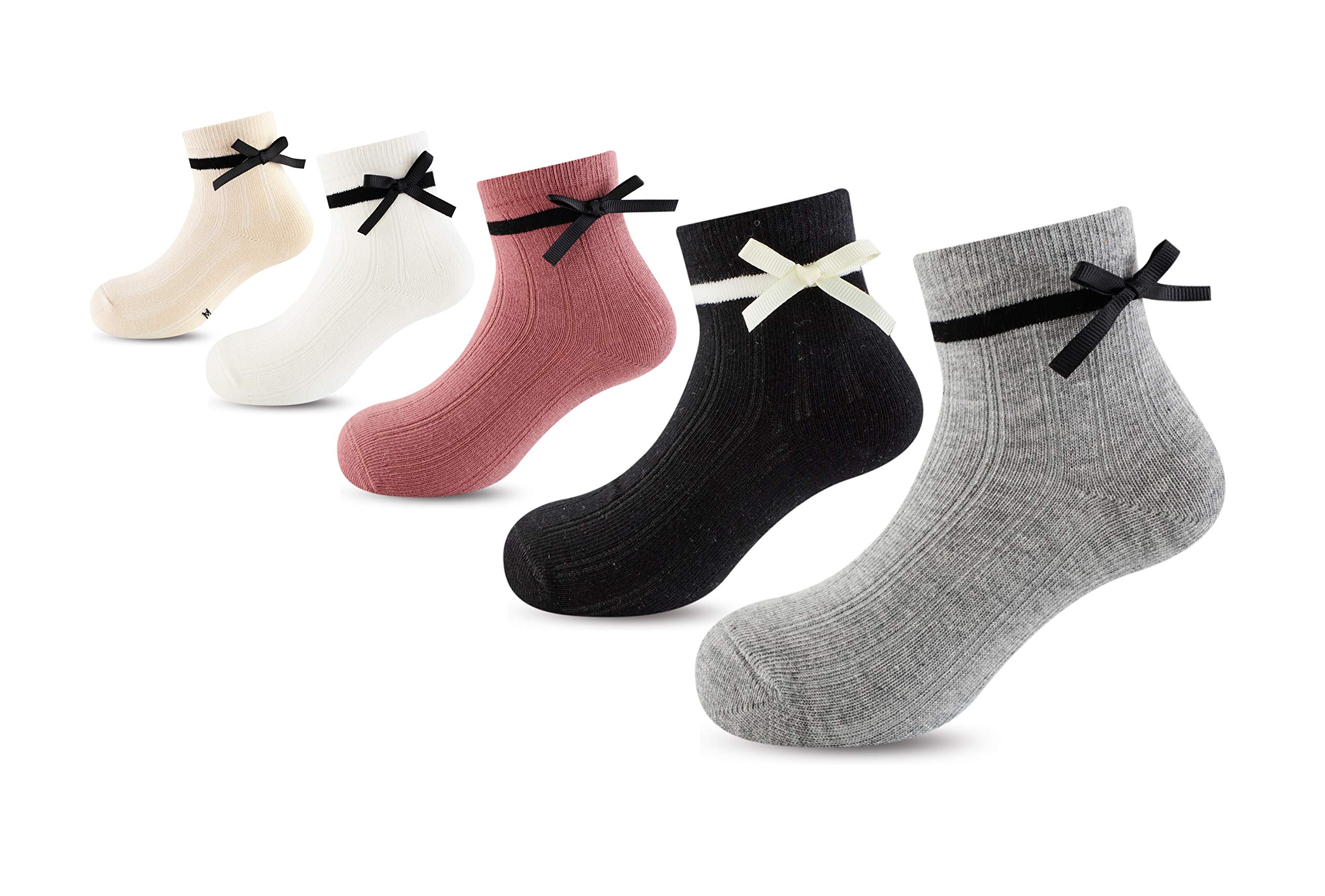 Gwenvenni Girls Socks Little Kids Cotton Bow Socks Low Cut 5 Pairs, Age 6-8
