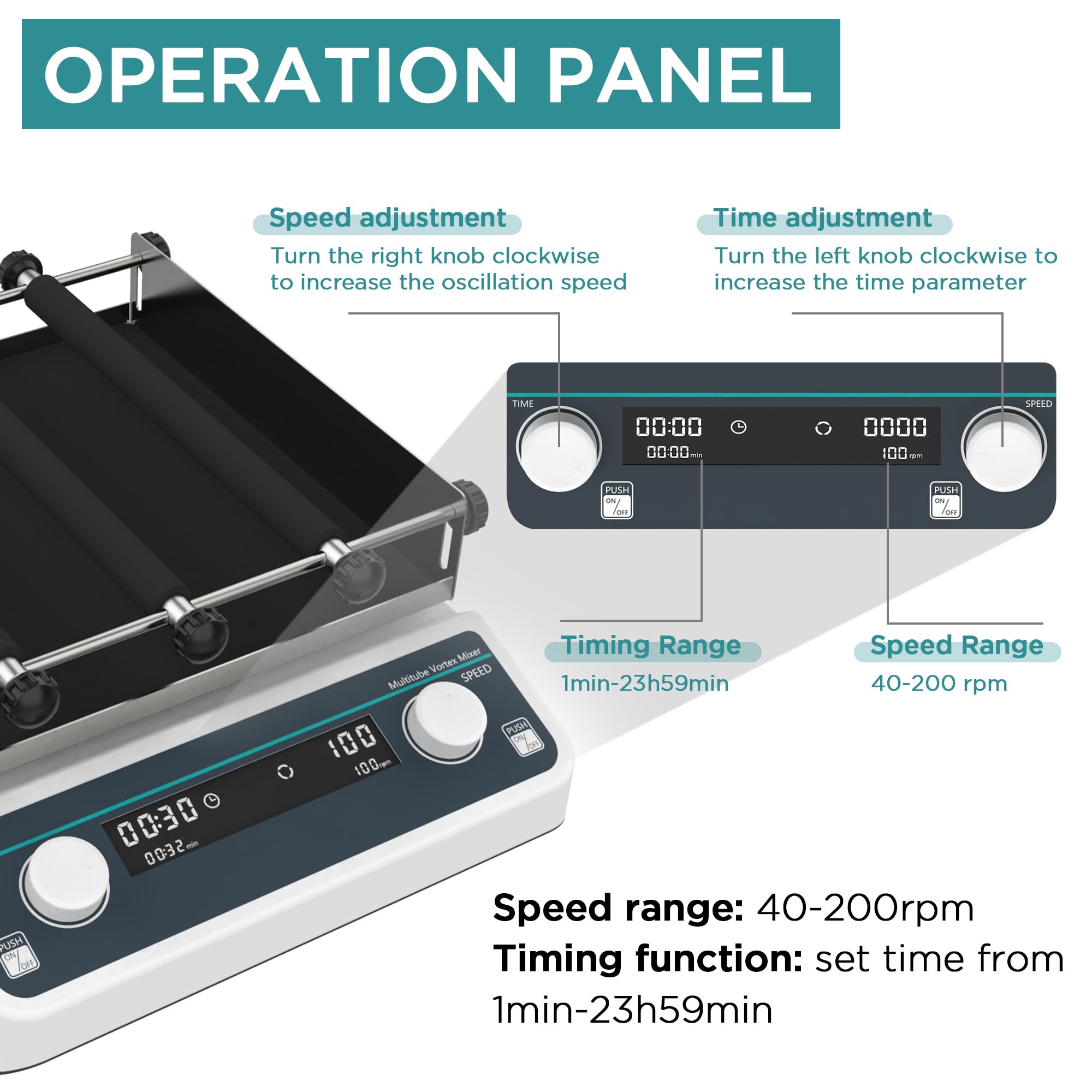 Lab Digital Orbital Shaker Mixer | 9.85"x9.85" Plate Size Adjustable Speed 40-200RPM Capacity 2KGS | Timed and Continuous Modes Rotator Shaker for Laboratory