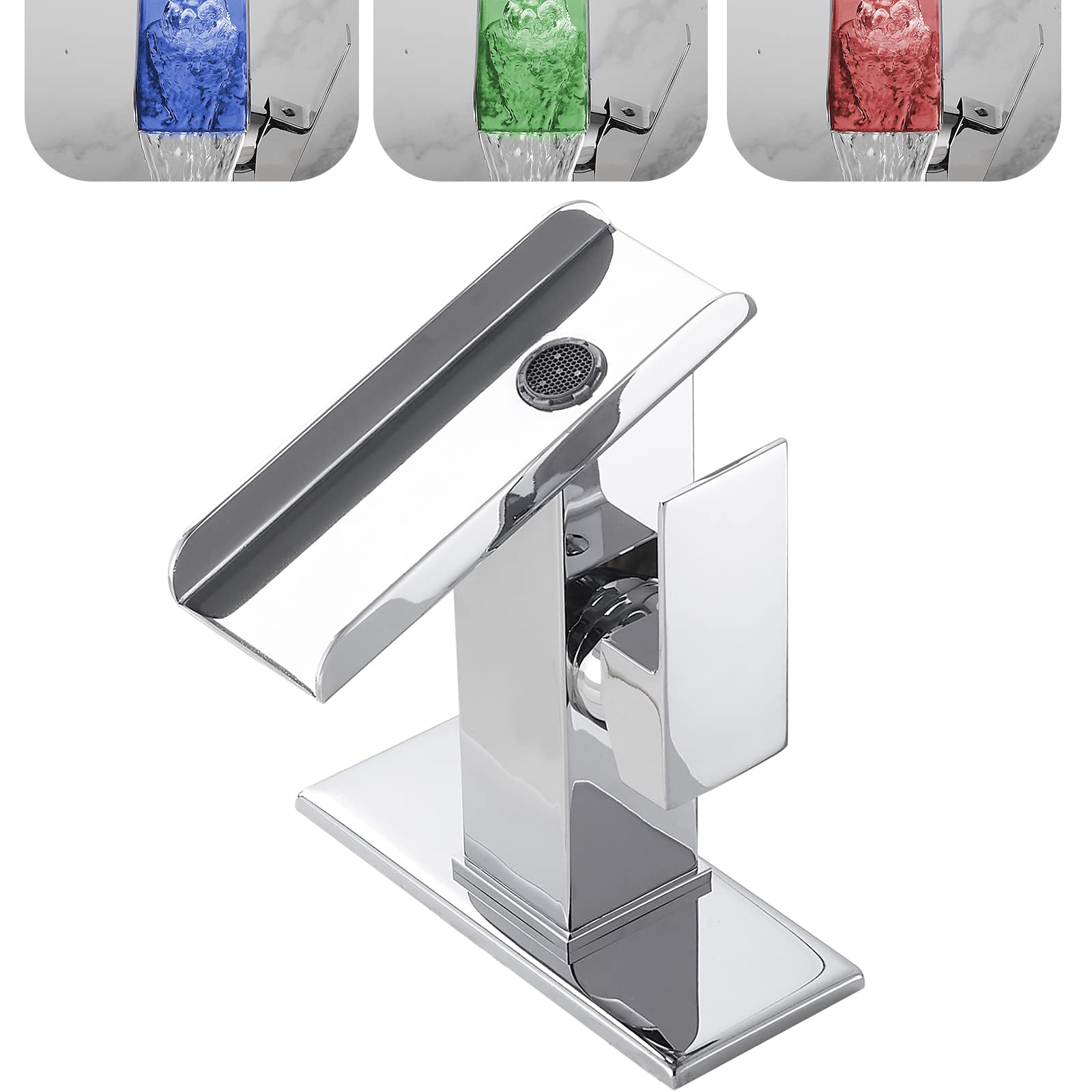 Chrome Bathroom Sink Faucet One Hole LED Waterfall Spout RGB 3 Colors Light Changing Lavatory Vanity Faucets Brass Single Handle Modern Washbasin Bath Tap Include Plates to Cover Holes Residential