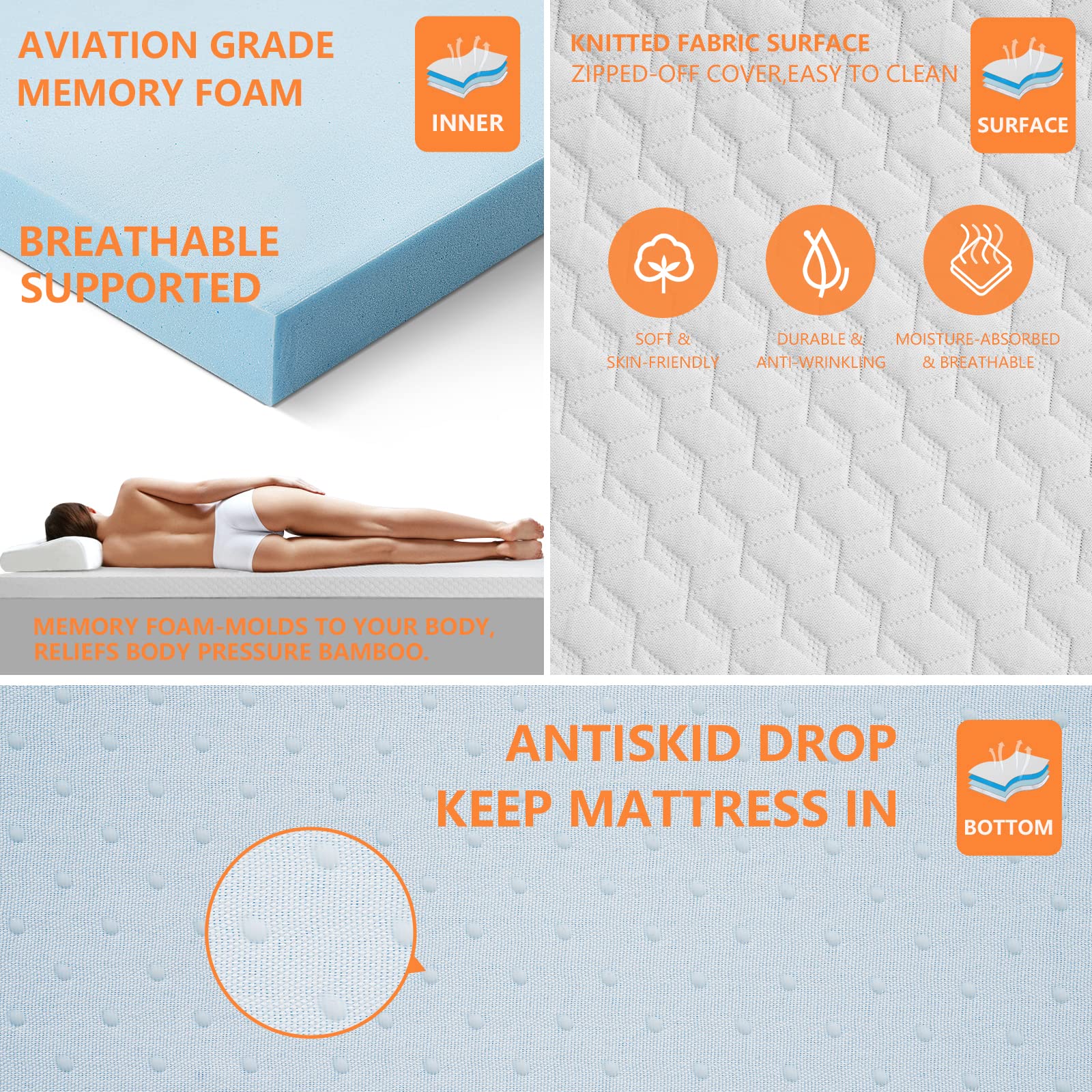 ORTHOMTEX 3 Inch Cooling Gel Memory Foam Mattress Topper Super Twin XL Size Bed,Removable Soft Cover, Comfort Body Support - Pressure Relief