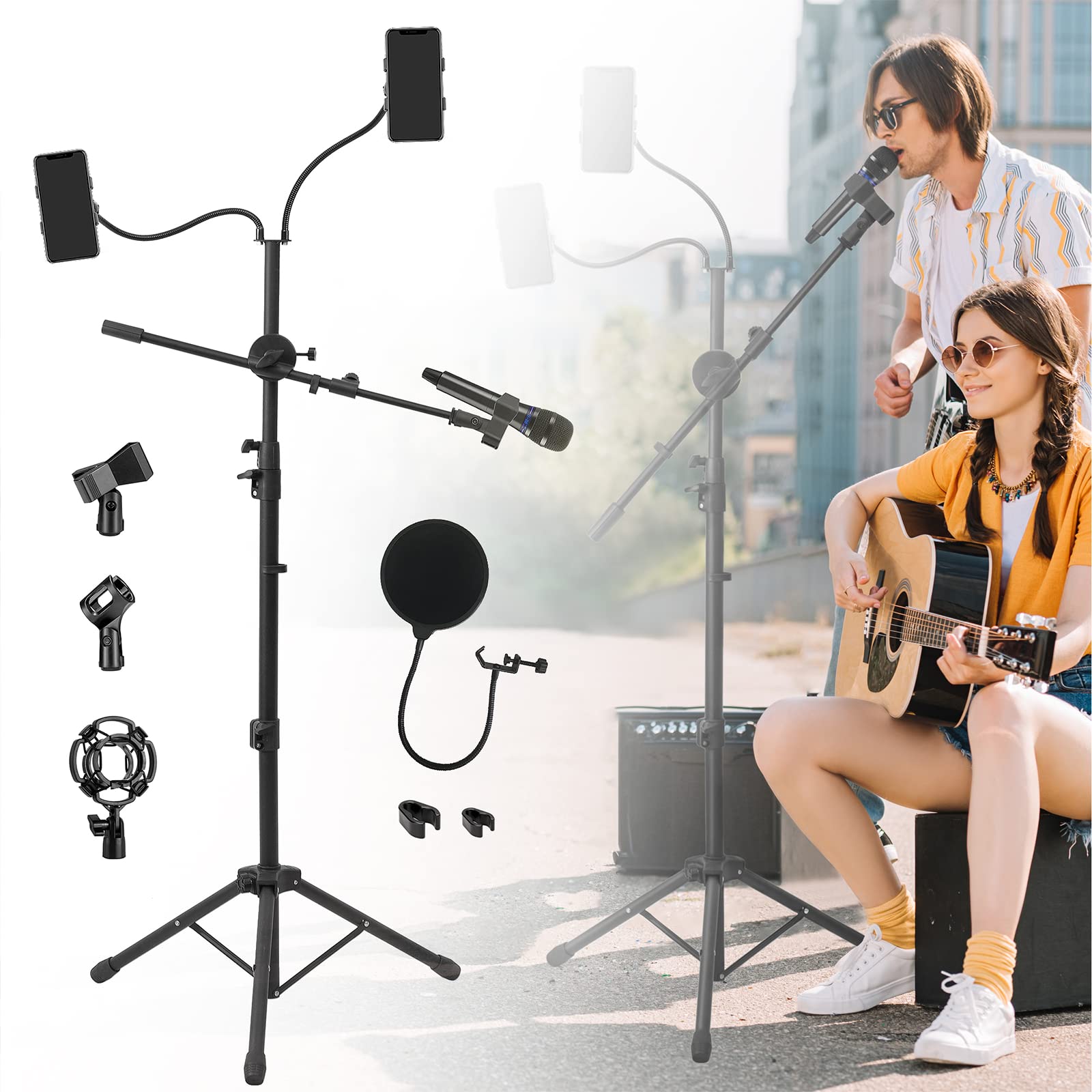 Autex Tripod Mic Stand, Microphone Stand with 2 Gooseneck Phone Holders, Boom Mic Stand with Mic Shock Mount, Pop Filter and Carrying Bag, Dual-use Mic Stands for Podcast, Radio and Live Stream