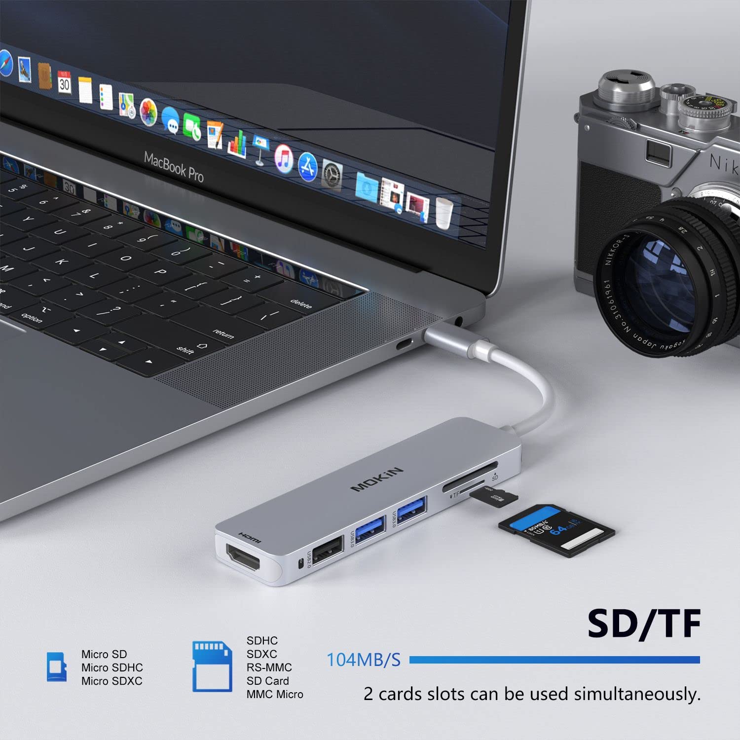 USB C Hub HDMI Adapter for MacBook Pro 2019/2018/2017, MOKiN 5 in 1 Dongle USB-C to HDMI, Sd/TF Card Reader and 2 Ports USB 3.0