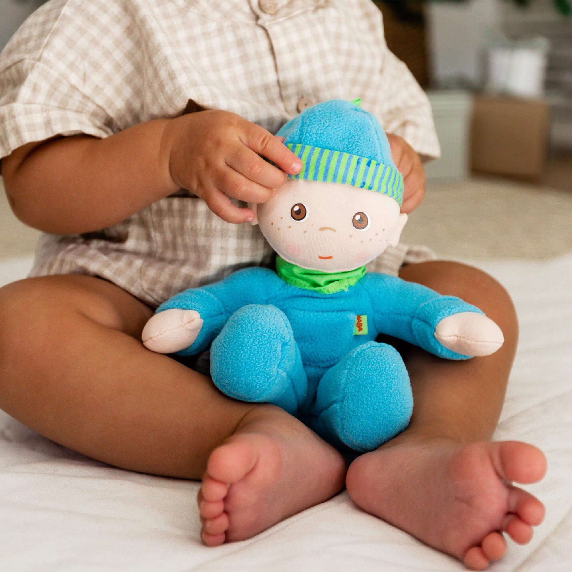 HABA Snug-Up Soft Plush Luis First Baby Doll 8" - Perfect Newborn and Infant Toy, Small Machine-Washable Baby Essentials, Ideal Boy Doll