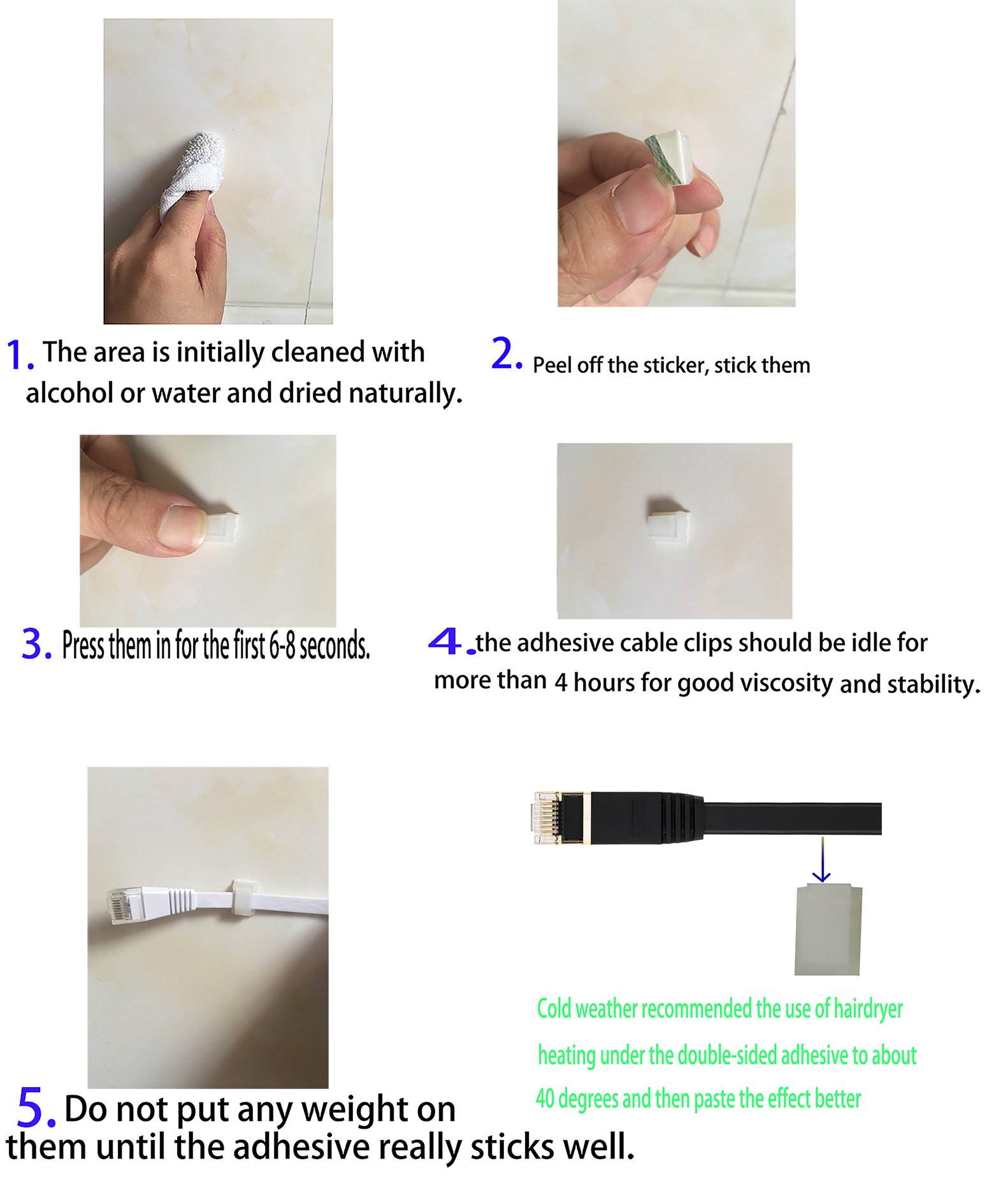 Ruaeoda Ethernet Cable Clips, 60 Pack 8mm Self-Adhesive Wire Clips, Cord Clamp Cable Management for Cat6 Cat5 and Cat7 Flat Ethernet Cable(White)