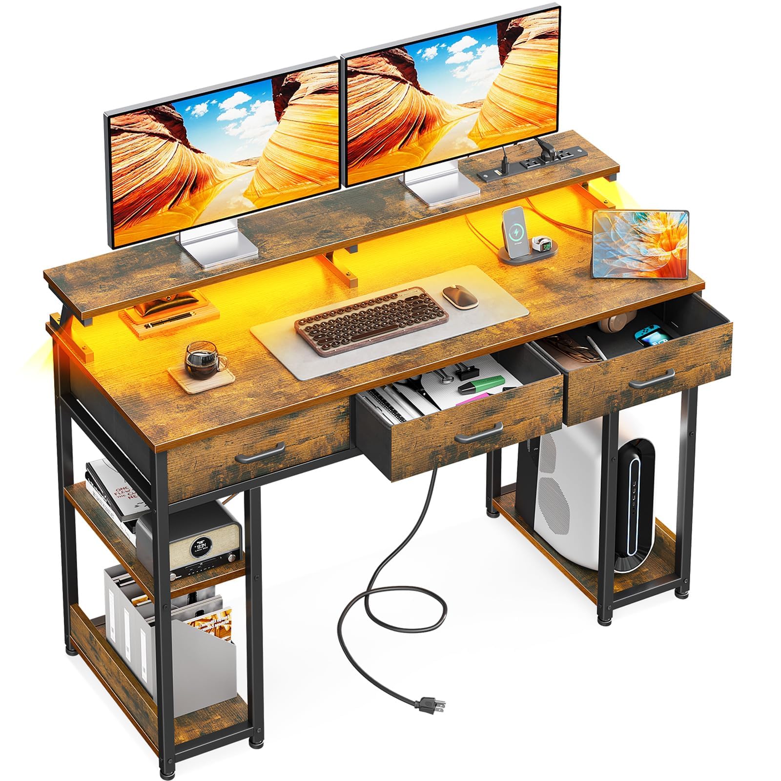 AODK 48 inch Computer Desk with 3 Drawers, Gaming Desk with LED Lights & Power Outlets, Home Office Desk with Storage Shelves & Monitor Stand, Modern Work Study Writing Table for Small Spaces, White