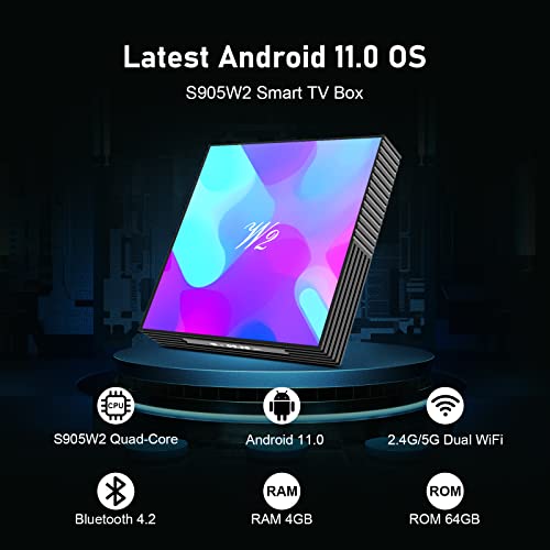 Android 11 TV Box S905W2 USB 2.0 3D 4K UHD 4GB RAM 64GB ROM 2.4G 5G Dual Band WiFi with BT 4.2 WiFi Media Player with Backlit Mini Keyboard Set Top TV Box