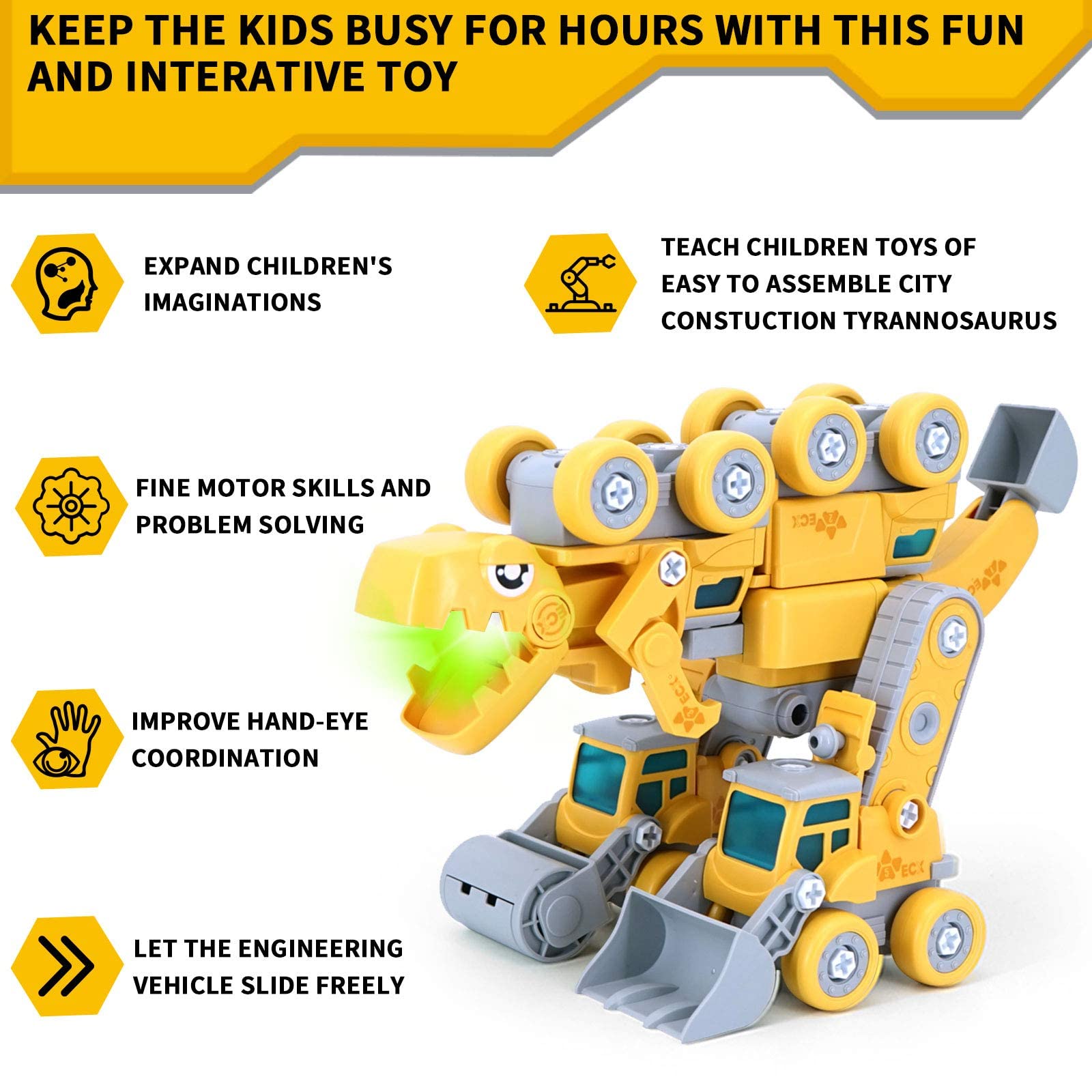 Grechi Take Apart Dinosaur Toys for Kids 5-8, 5 in 1 Construction Vehicles Transform into Big Dinosaur Robot STEM Toys for 3 4 5 6 7 8 Year Old Kids, Boys