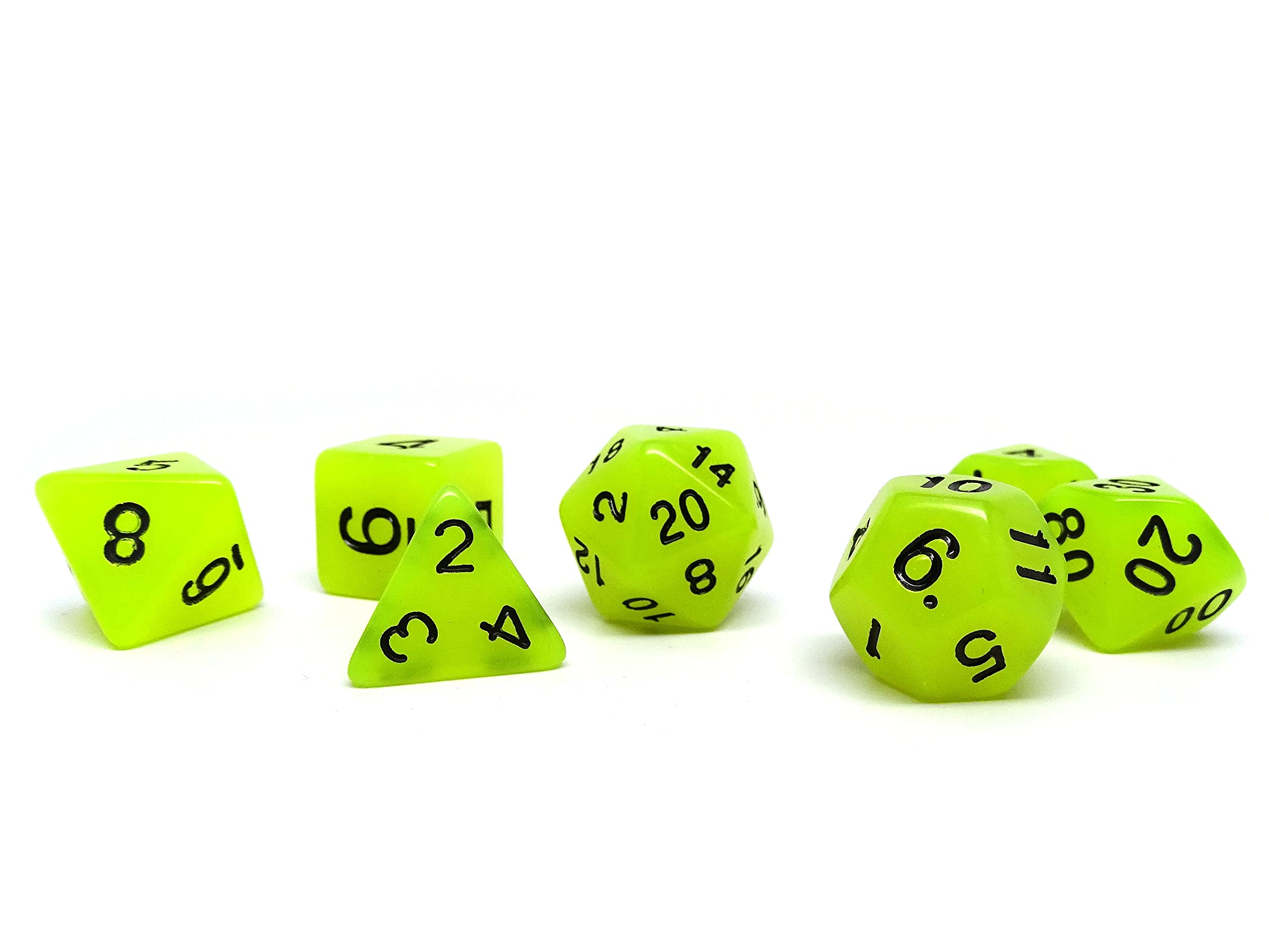 Glow in The Dark Polyhedral Dice Set - 7 Piece Dice Set with One D20, D12, D10, D8, D6, D4, and D00 (Yellow with Black Font)