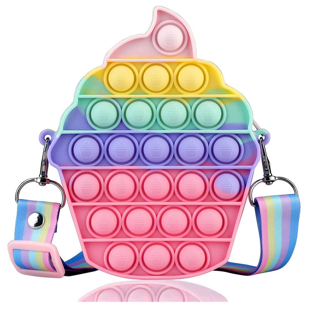 Pop purse bag for Girls, 2 in 1 Poppet Bag fidget Toy with Adjustable Shoulder Strap Length, Silicone Crossbody Small Purse Gift for Kids (Cup Cake)