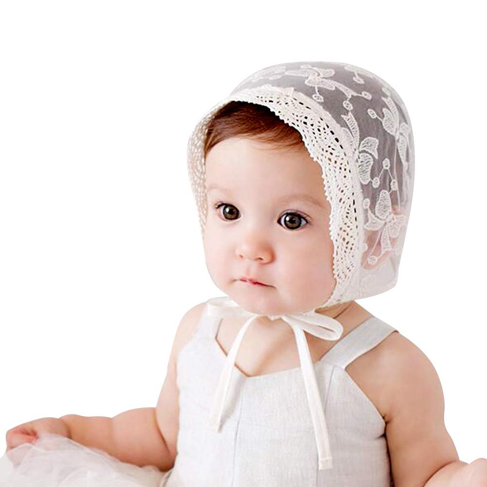 IMLECK Infant Bucket Sun Hat Bow Full Lace Flower Bonnet Child Hat … Ivory White