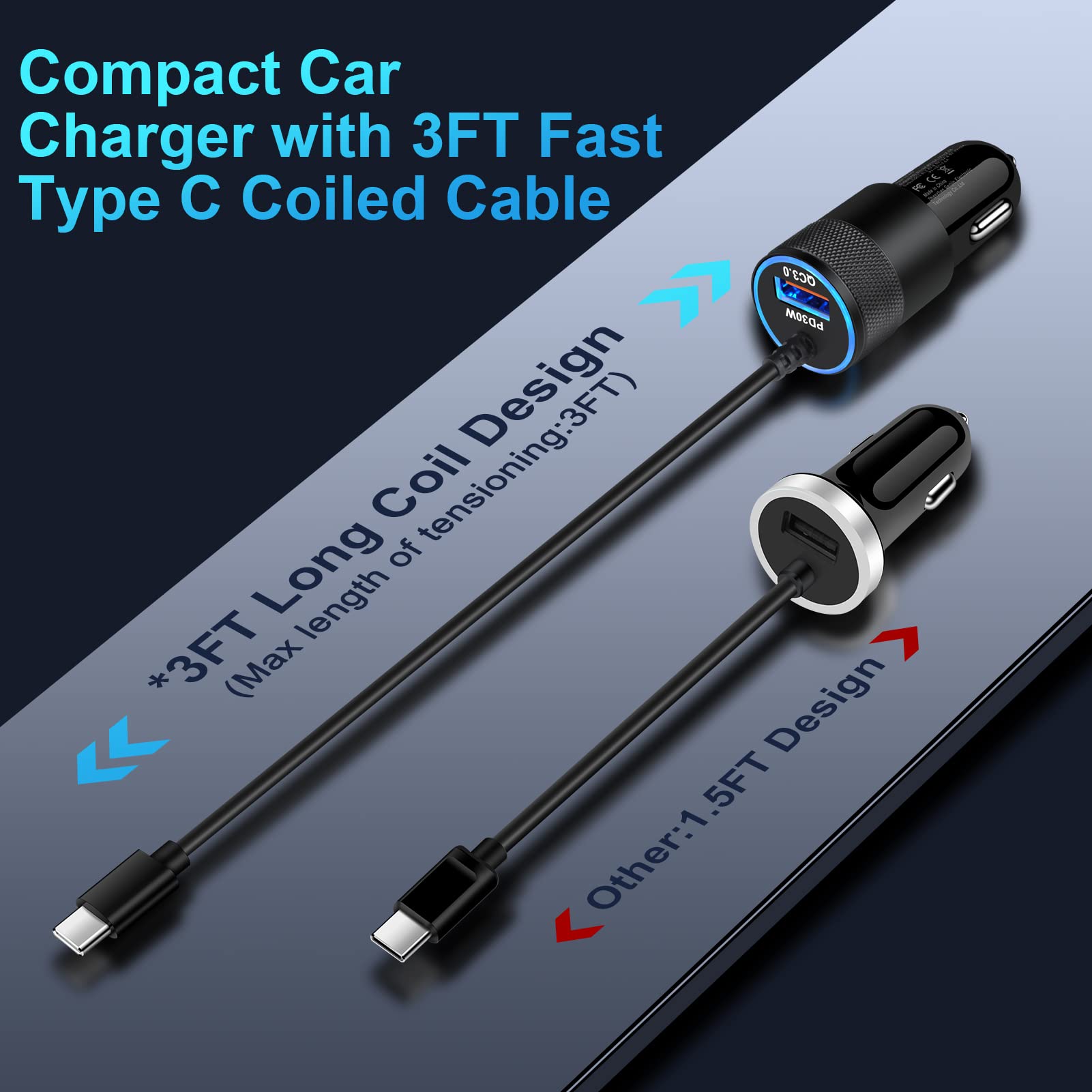 Android USB C Fast Car Charger for Samsung Galaxy A54/A14 5G/S23/A23/A13/S22/S21 FE,Pixel 7a,48W 2-Port Fast Car Charger Adapter PD3.0&QC3.0 Fast Charging with 3ft 30W Super Fast Charging Type C Cable
