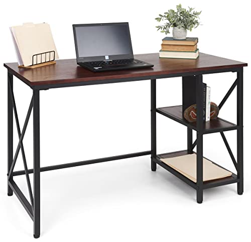 Displays2go Industrial-Style Desk, Two Shelves, Steel X Sides - Dark Wood Tone (FDXDESKBRN)