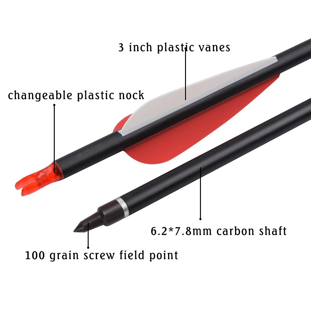 Archery Carbon Arrow Hunting Target Practice Arrows 28 Inch with Removable Tips for Compound & Recurve Bow Spine 500 12PCS