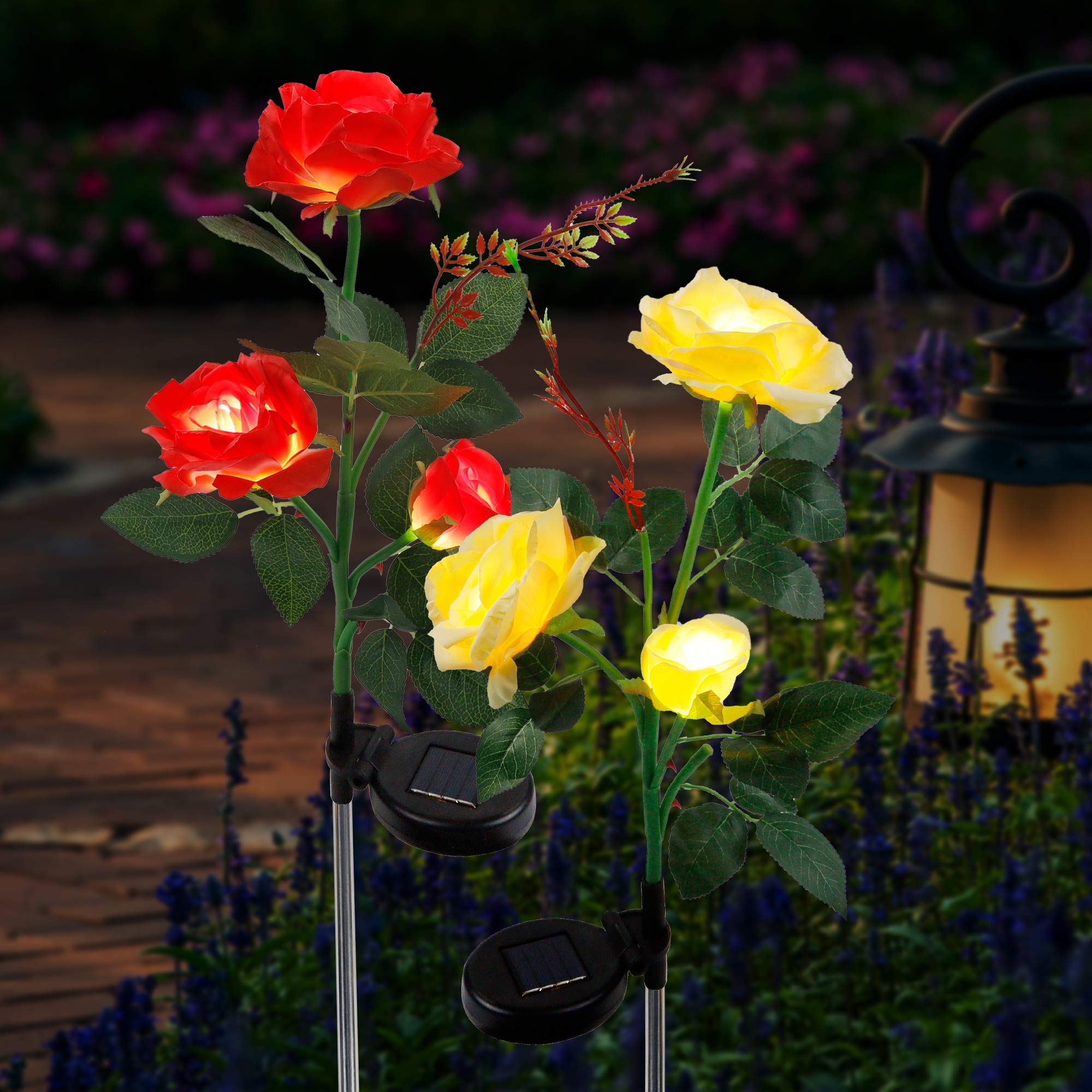 FORUP 2 Pack Solar Garden Stake Lights, Outdoor Solar Rose Flower Lights with 6 Rose Flowers, LED Rose Solar Powered Lights for Patio, Lawn, Garden, Yard Decoration (Red & Yellow)