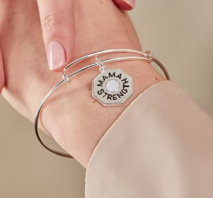 Alex and Ani Mother’s Day Expandable Wire Bangle Bracelet for Women, Mama/Strength Charm, Shiny Silver Finish, 2 to 3.5 in