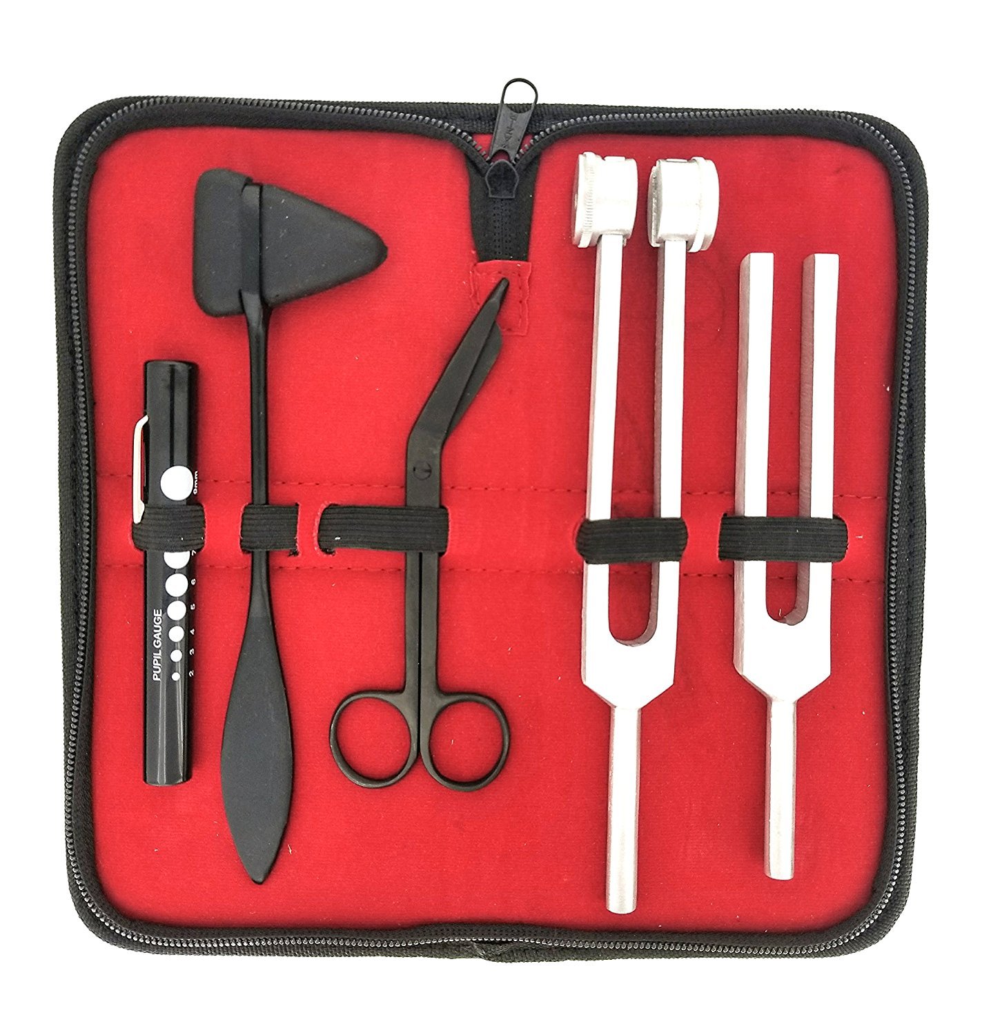 SURGICAL ONLINE Ultimate Medical Student Diagnostic Set - Premium Stethoscope & Tactical Black Set of 5 pcs Reflex Percussion Taylor Hammer + Penlight + Tuning Fork C 128 C 512 + Bandage Scissors 5.5