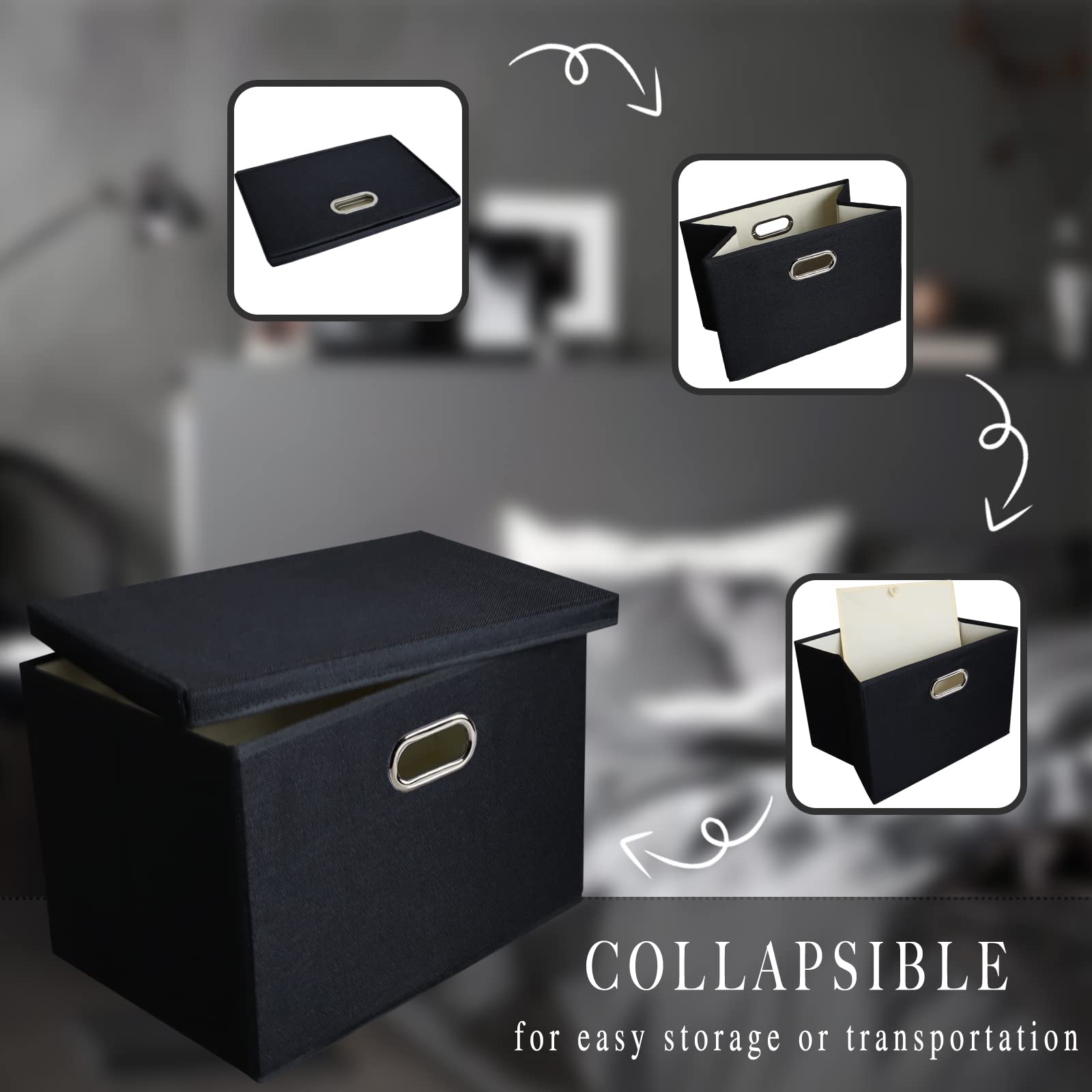 Golden Bauhinia Linen Fabric Collapsible Storage Bins with Lids - Multi-Purpose Organizer Containers for Home, Bedroom, Closet, Office, and Nursery (17.3’’x 11.8’’x 11.6’’)