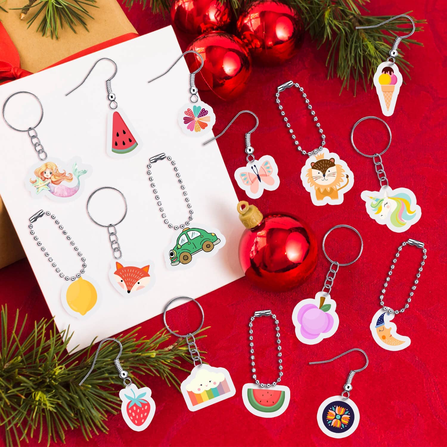 Christmas Shrink Plastic Sheet Kit, for Kids Creative Craft and DIY Ornaments ( 32 Pcs Shrinky Paper with 125 Pcs Keychains Accessories Included