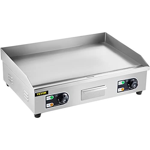 VEVOR Commercial Electric Griddle, 26" Teppanyaki Grill, 3200W Electric Flat Top Grill, Stainless Steel Electric Countertop Griddle w/Drip Hole, 50-300℃ Electric Griddle for Pancake, Chicken(No Plug)