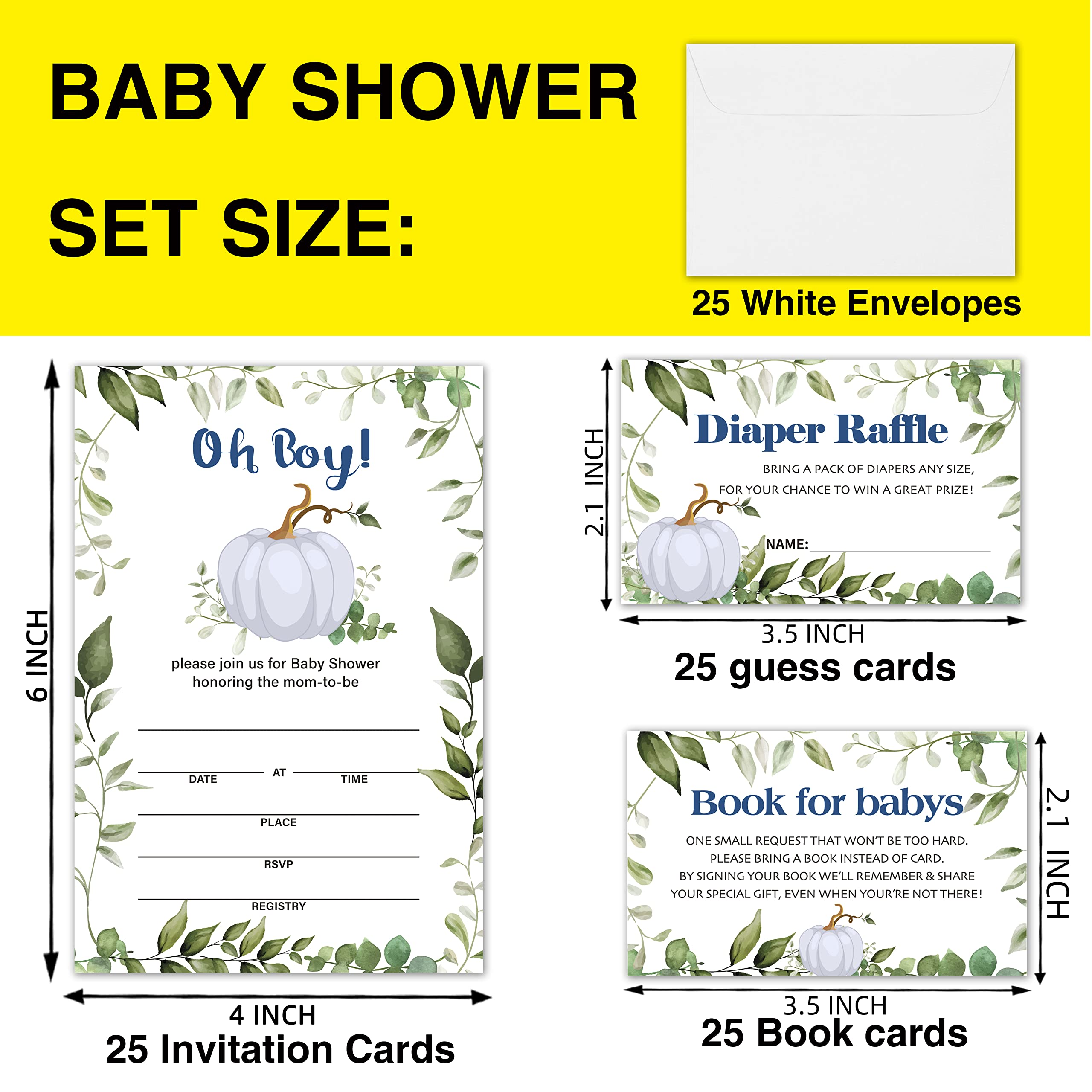 Autumn White Pumpkin Greenery Baby Shower Set, Diaper Raffle Cards, Books, Invitations With Envelopes, Set of 100 Pieces With Envelopes,BBTZK-004