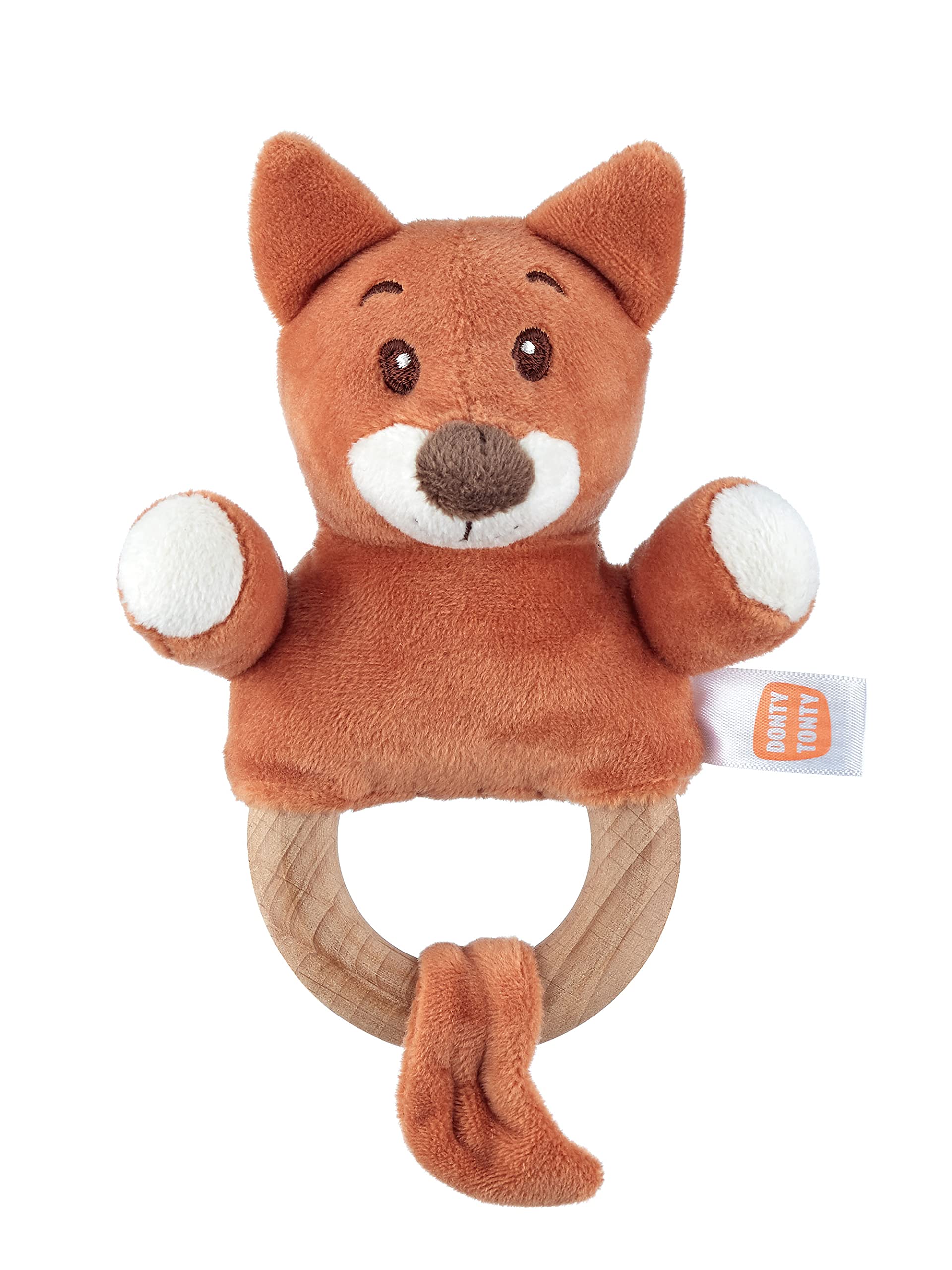 Donty-Tonty Premium Wood Baby Teether Rattle Toy Easter Baby Gift - Animals Soft Plush Shaker Toy with Natural Wooden Teething Ring Toddler, Newborn Boy, Girl, Gifts for 0 3 6 9 12 Months - Red Fox