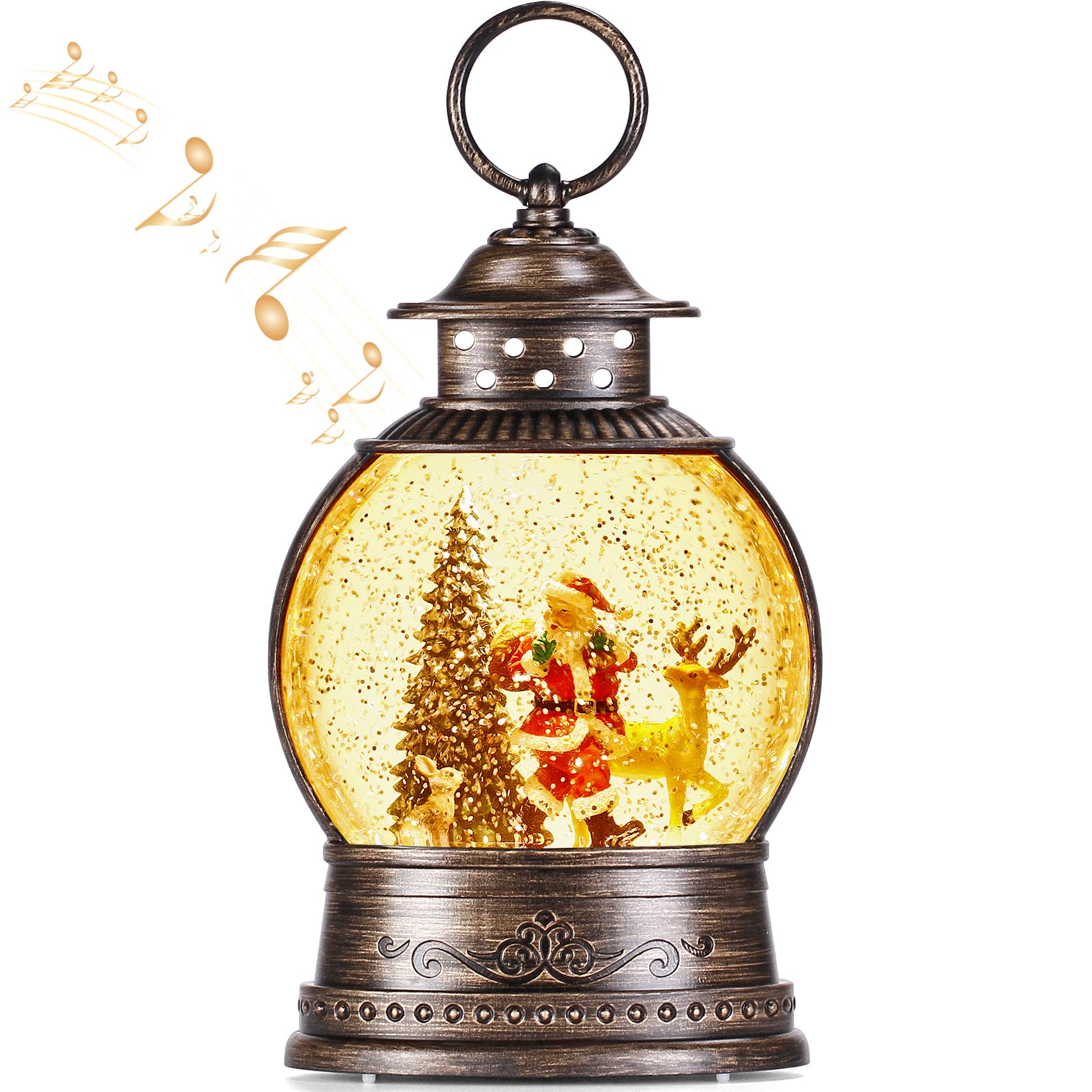 Christmas Snow Globes Musical with Santa Claus & Reindeer, Kikth Snowglobes Christmas Lantern Glitter Lighted for Christmas Decorations and Gift, Bronze