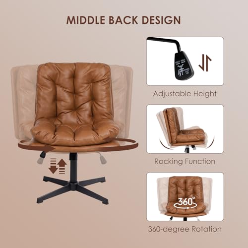 Chummaven High-Back Armless Home Office Chair No Wheels,Pu Leather Office Desk Chair Thick Swivel Rocking Vanity Chair Adjustable Computer Task Chair for Make Up,Small Space,Bedroom,Brown