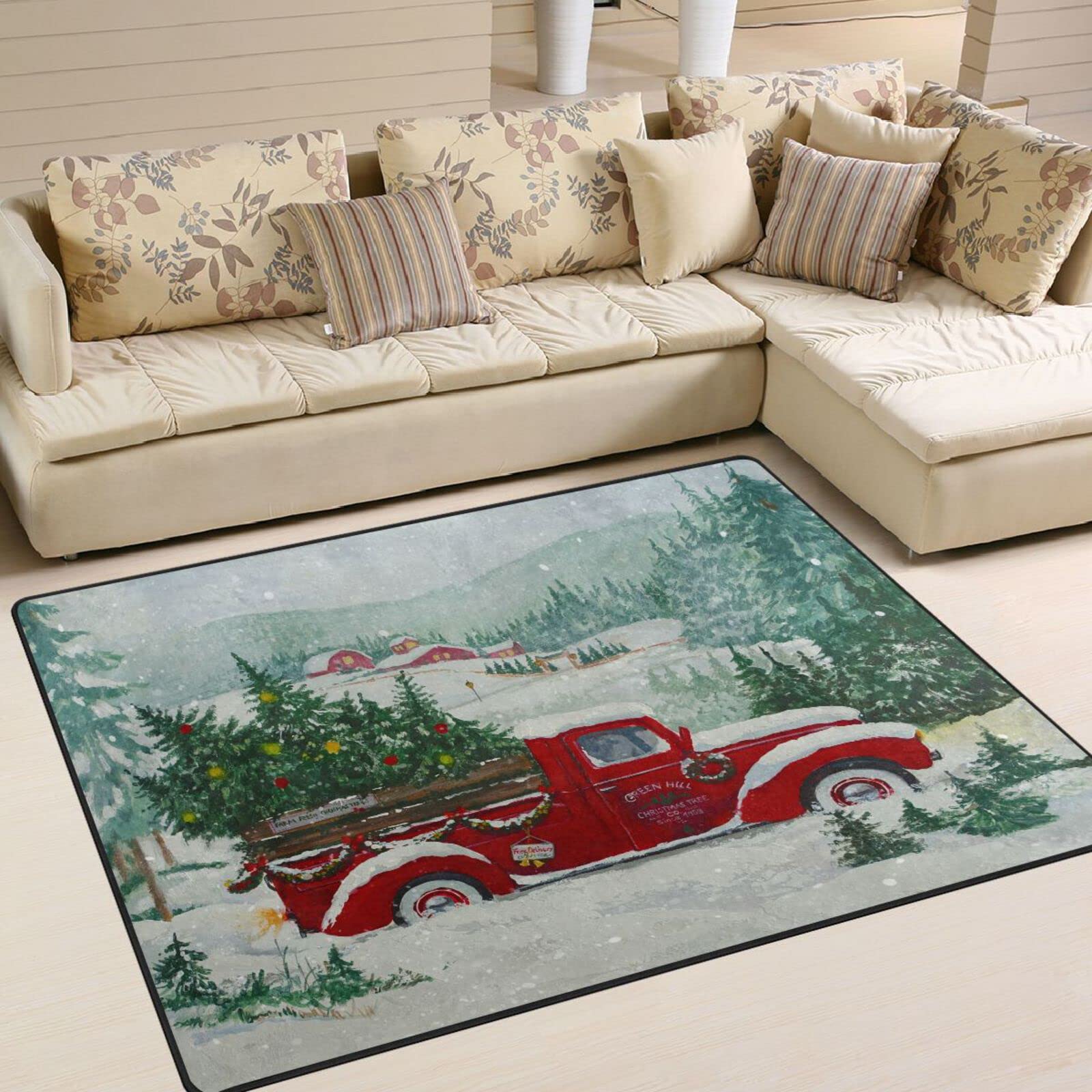 Christmas Area Rug for Living Room Large,Christmas Red Rug Carpet 5x7 Truck Christmas Tree-1,lB003