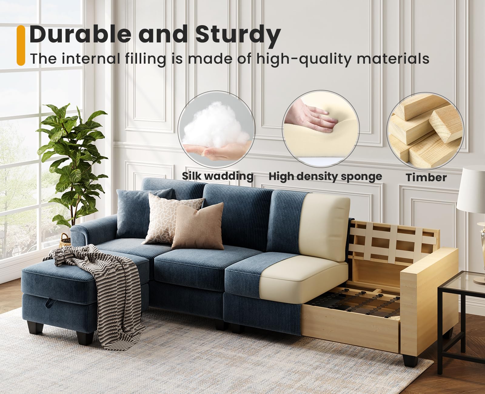 KKL 106” Convertible Sectional Sofa, L Shaped Couch with Storage Ottoman, 4 Seat Convertible Couch for for Living Room, Corduroy, Green