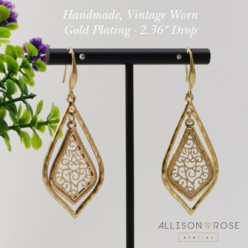 ALLISON ROSE ATELIER β Women's Boho Dangle Earrings β Worn Gold Plating with Filigree Design Medallion in a Chandelier Shape β 2.36β Length. Lightweight Bohemian Dangle Earrings for Women